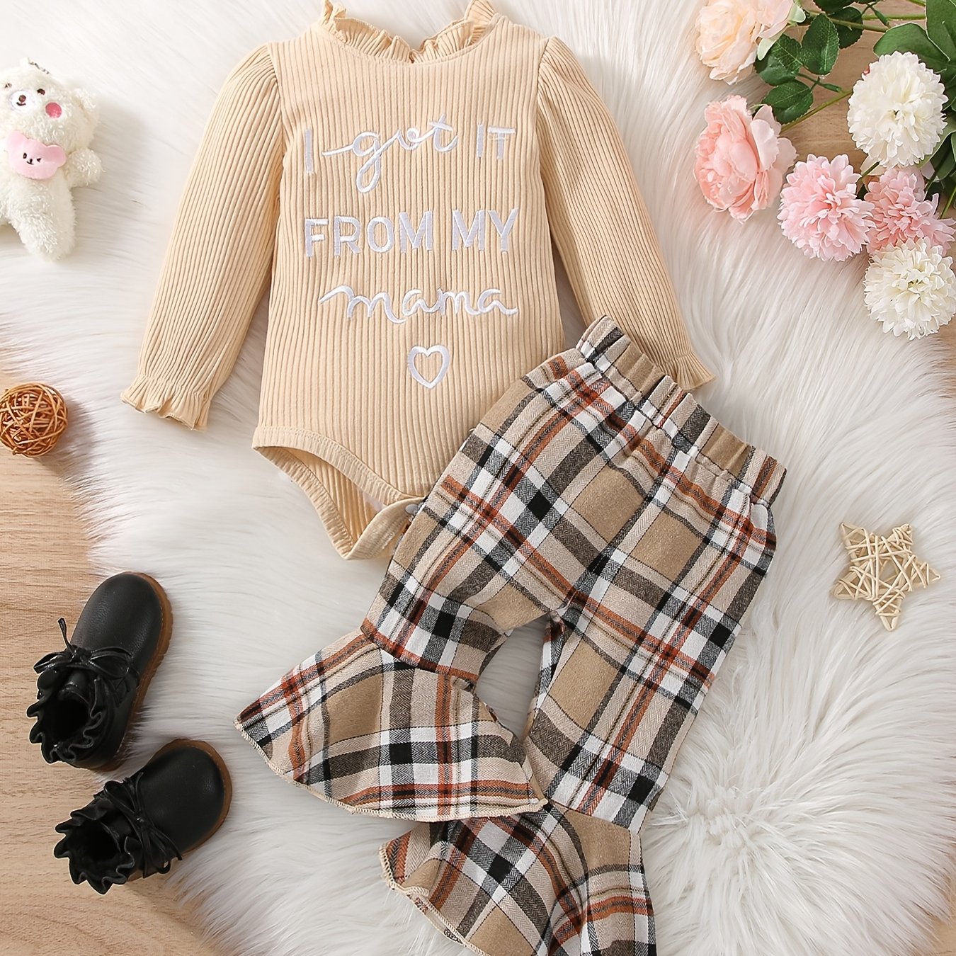 Baby Girls Long Sleeve Romper Bodysuit + Plaid Flared Pants + Headband ...