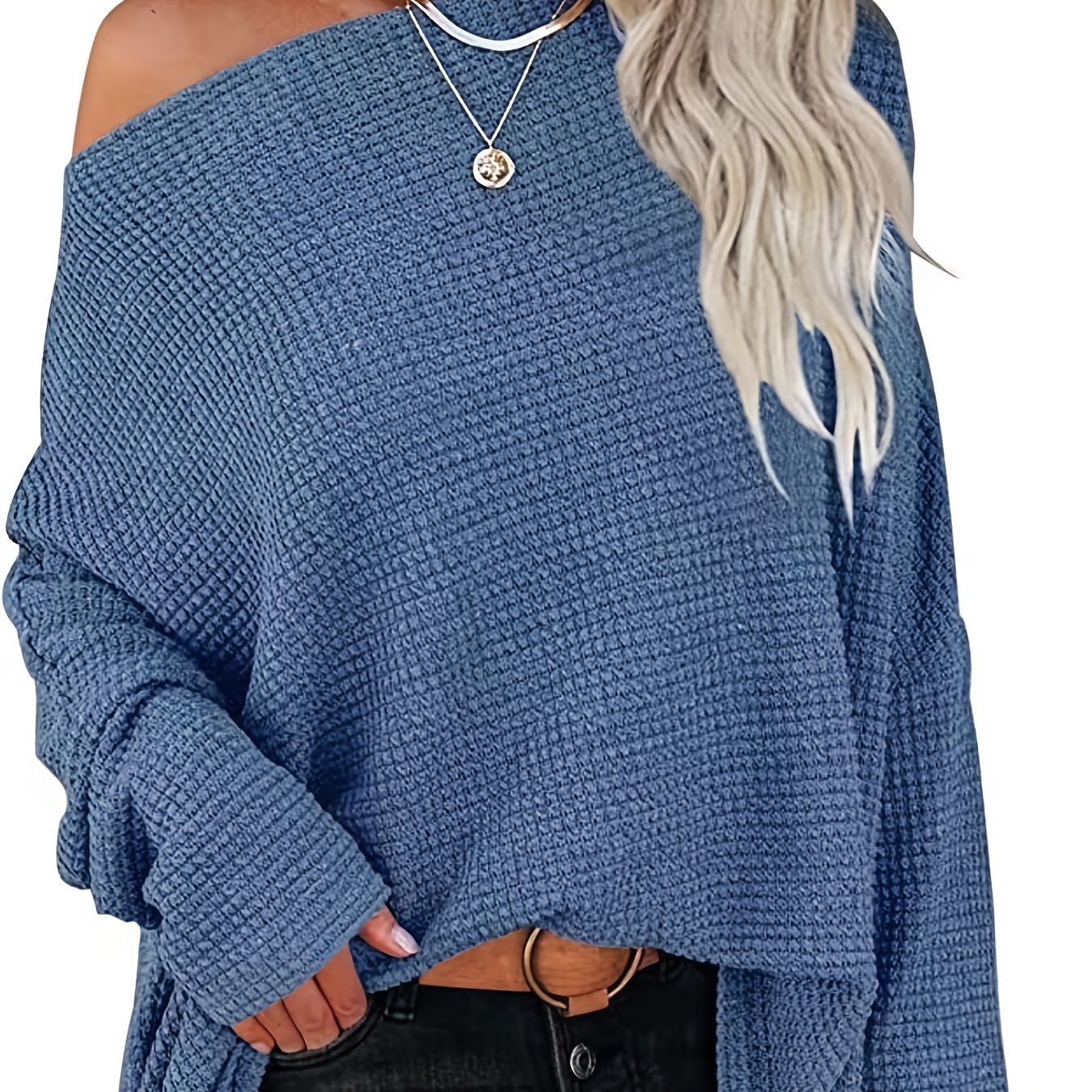 Women's Casual Shoulder Bat Long Sleeve Waffle Knitted - Temu Norway