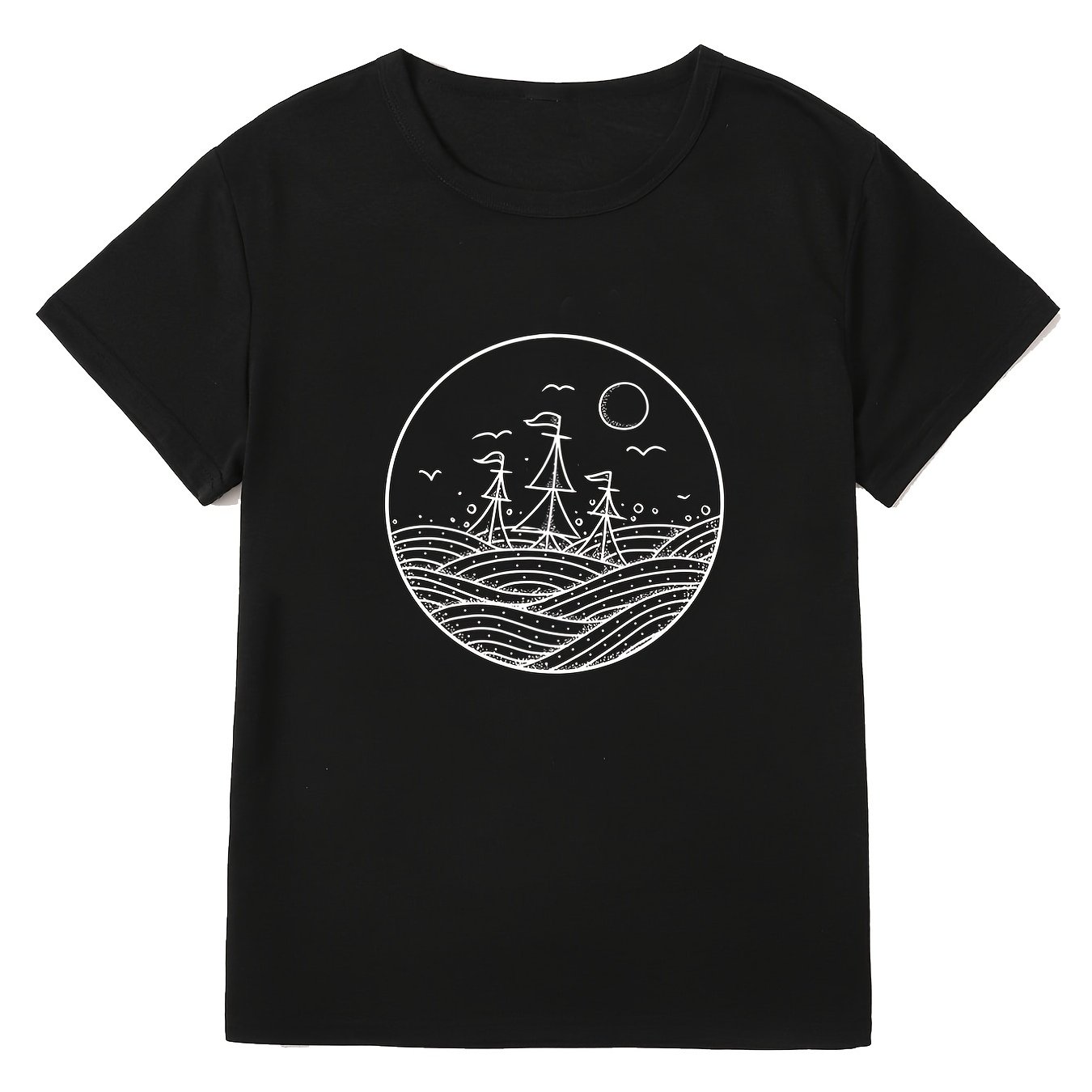 Ship Graphic Print Solid T-shirt, Crew Neck Short Sleeve Casual Top For ...