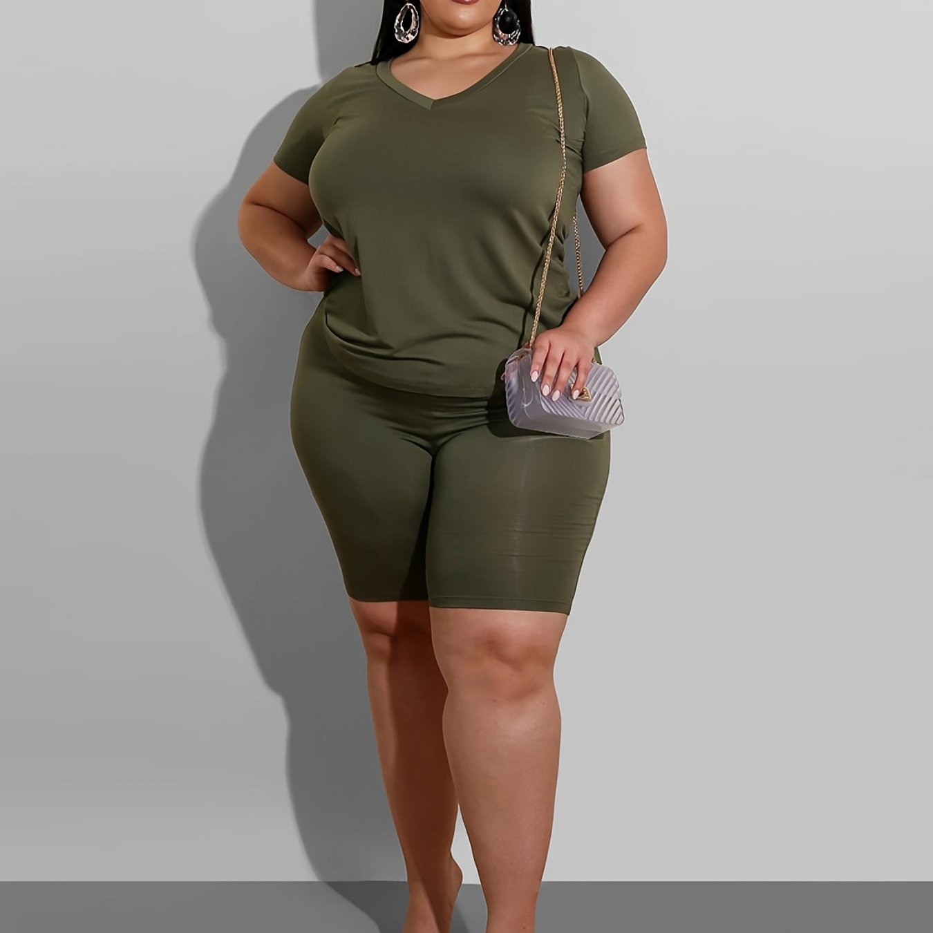 Plus Size Short Sleeve Tee Biker Shorts Set Womens Plus Slight Stretch