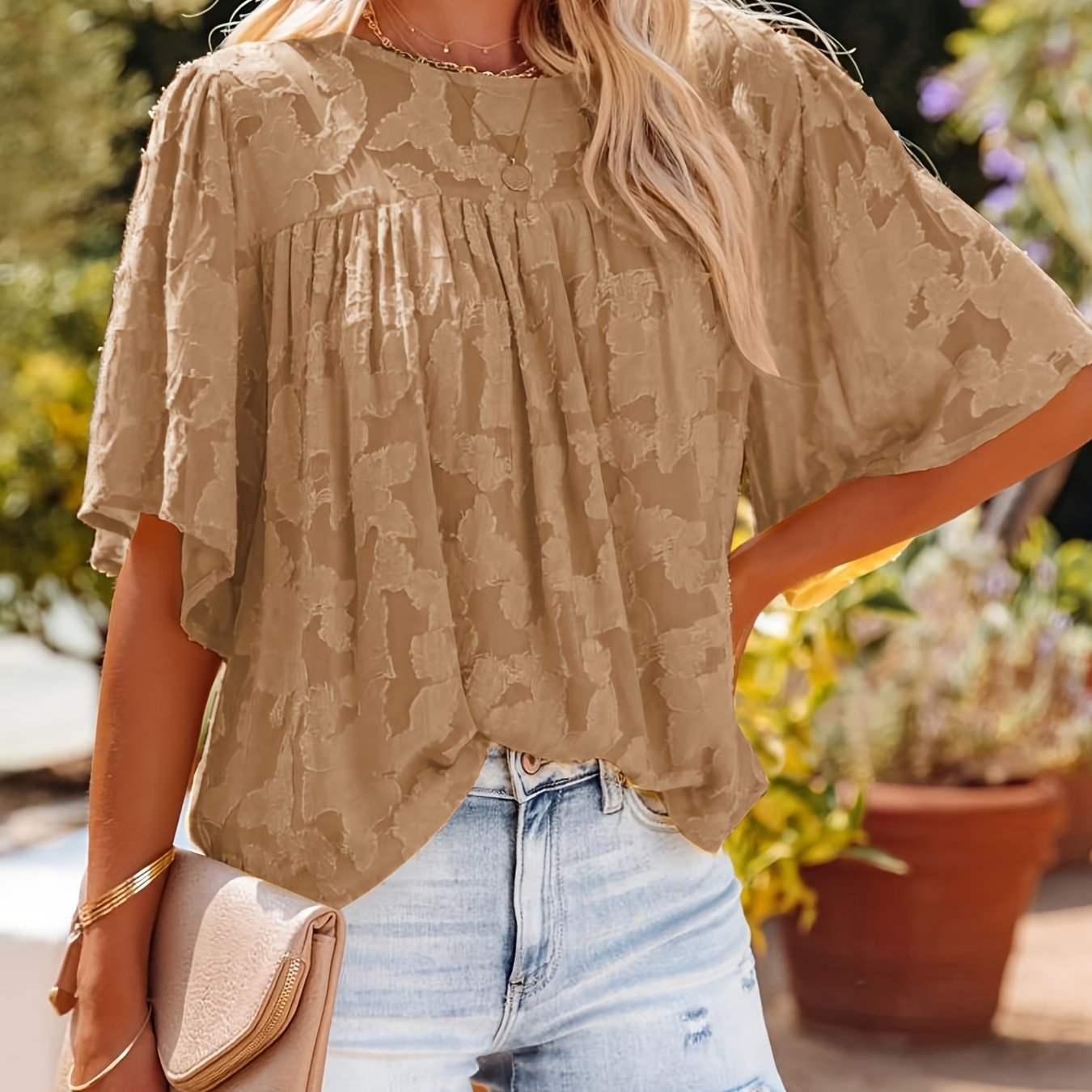 Casual Lace Flare Sleeve Blouse Short Sleeve Crew Neck Solid - Temu ...