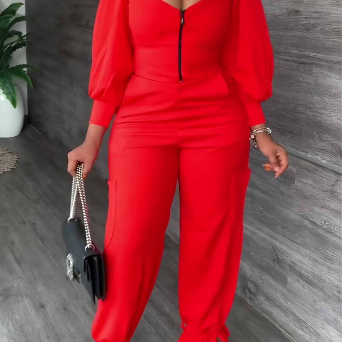 Women's Solid Casual Two Piece Set For Spring Fall Zip Up Top High ...