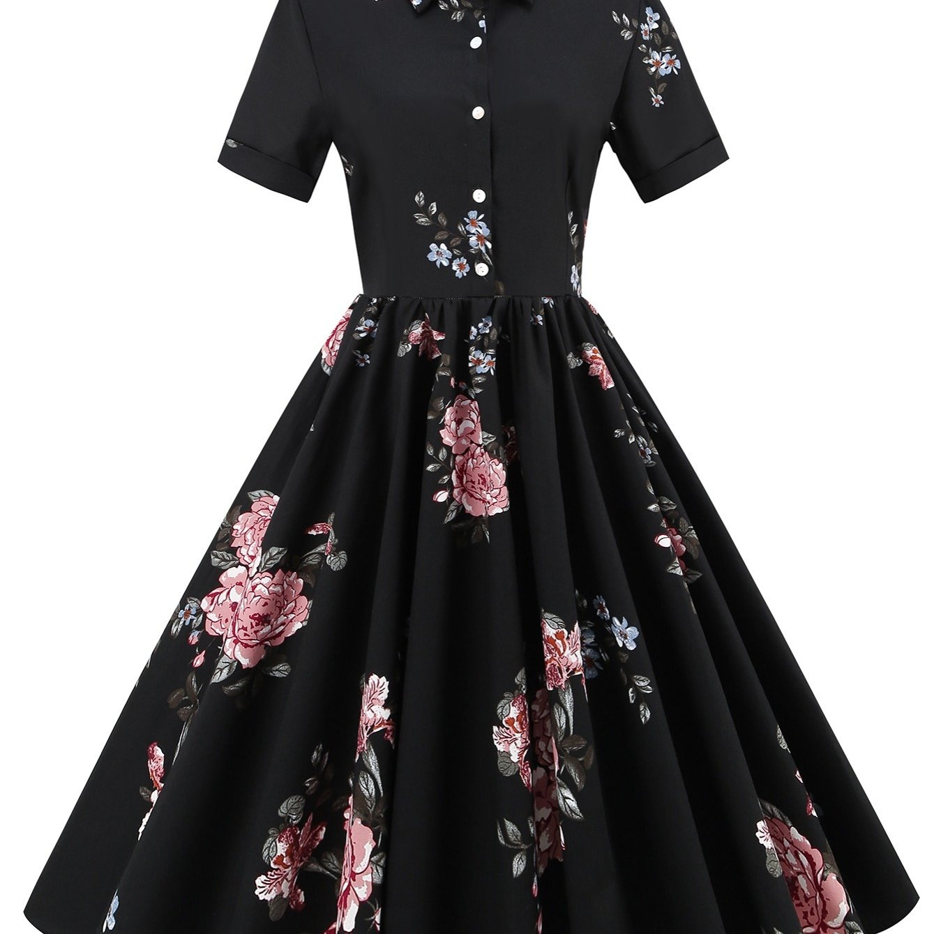 Women's Dresses Single Breasted Printed Short Sleeve High Waist Vintage ...