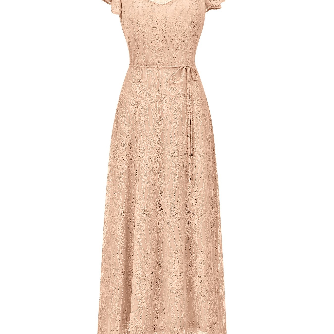 Solid Round Neck Short Sleeve Tie Waist Lace Dress Elegant - Temu ...