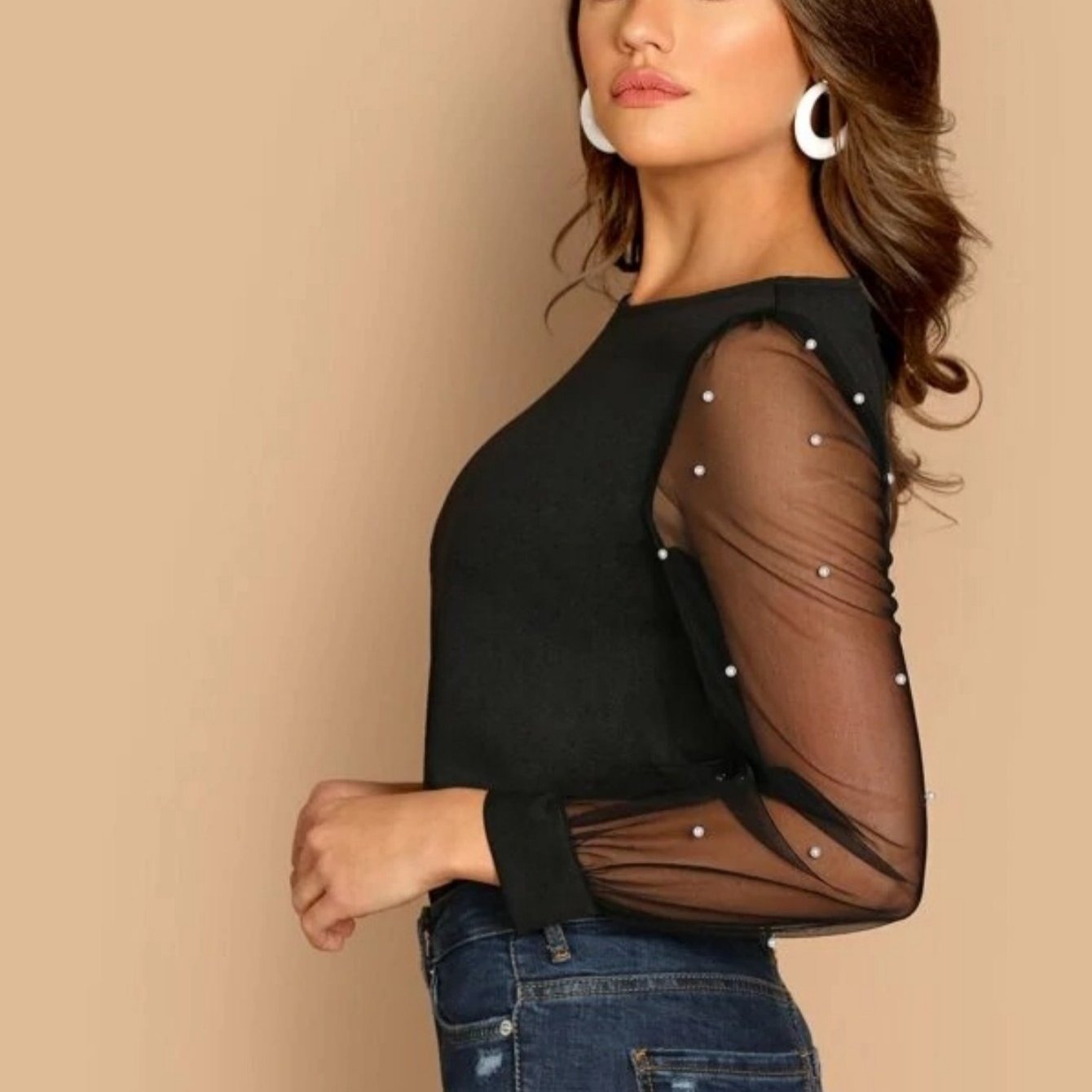 Women's Blouse Solid Crew Neck Contrast Mesh Blouse | Shop Now For ...