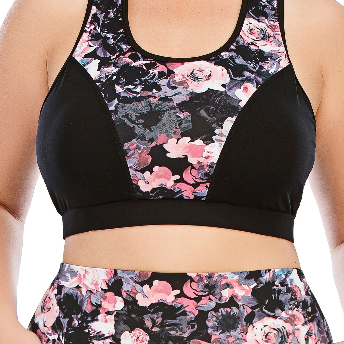 Plus Size Floral Print Round Neck Yoga Bra Women's Plus Comfortable ...