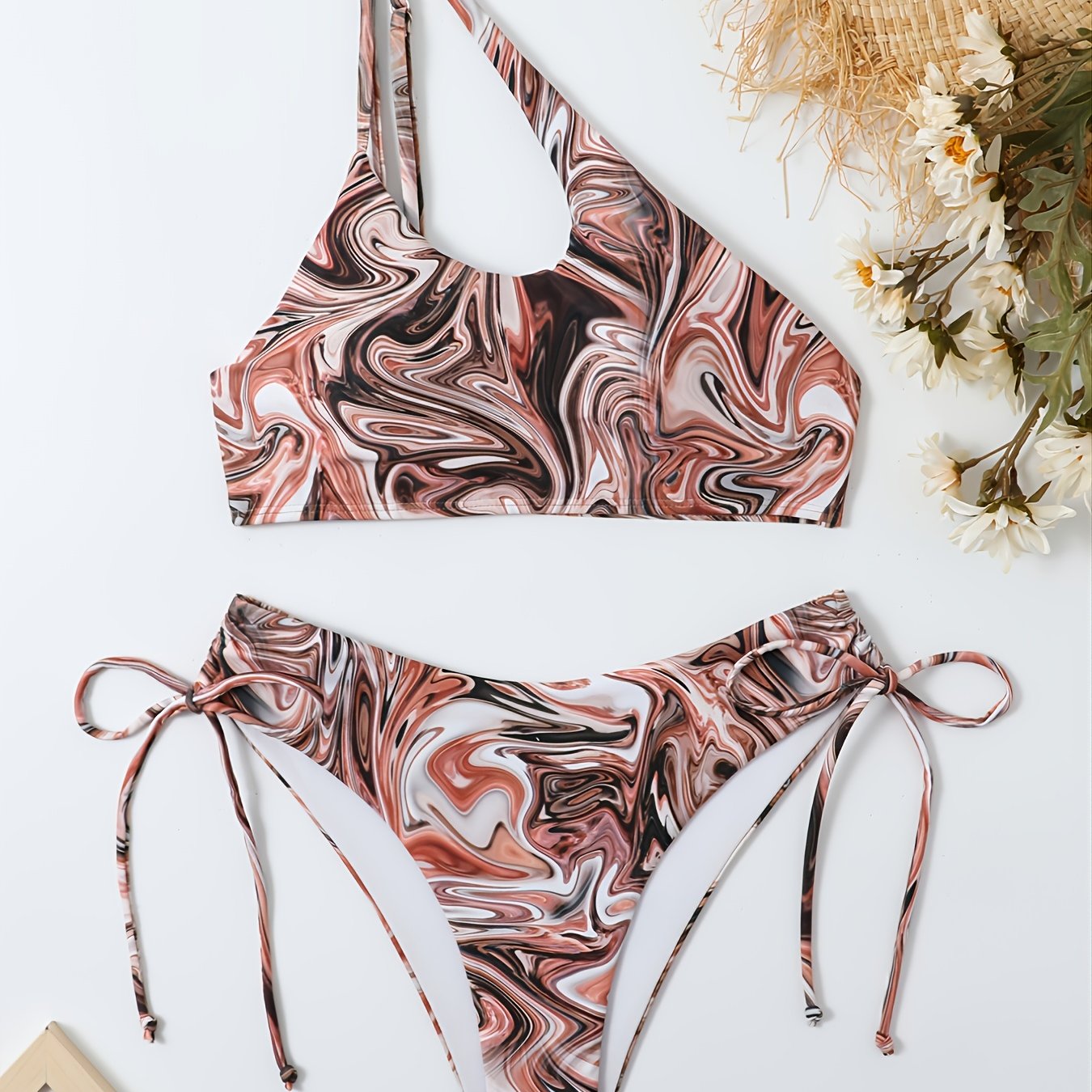Fluid Print One Shoulder Bikini Sets Two Straps Asymmetrical Neck Tie