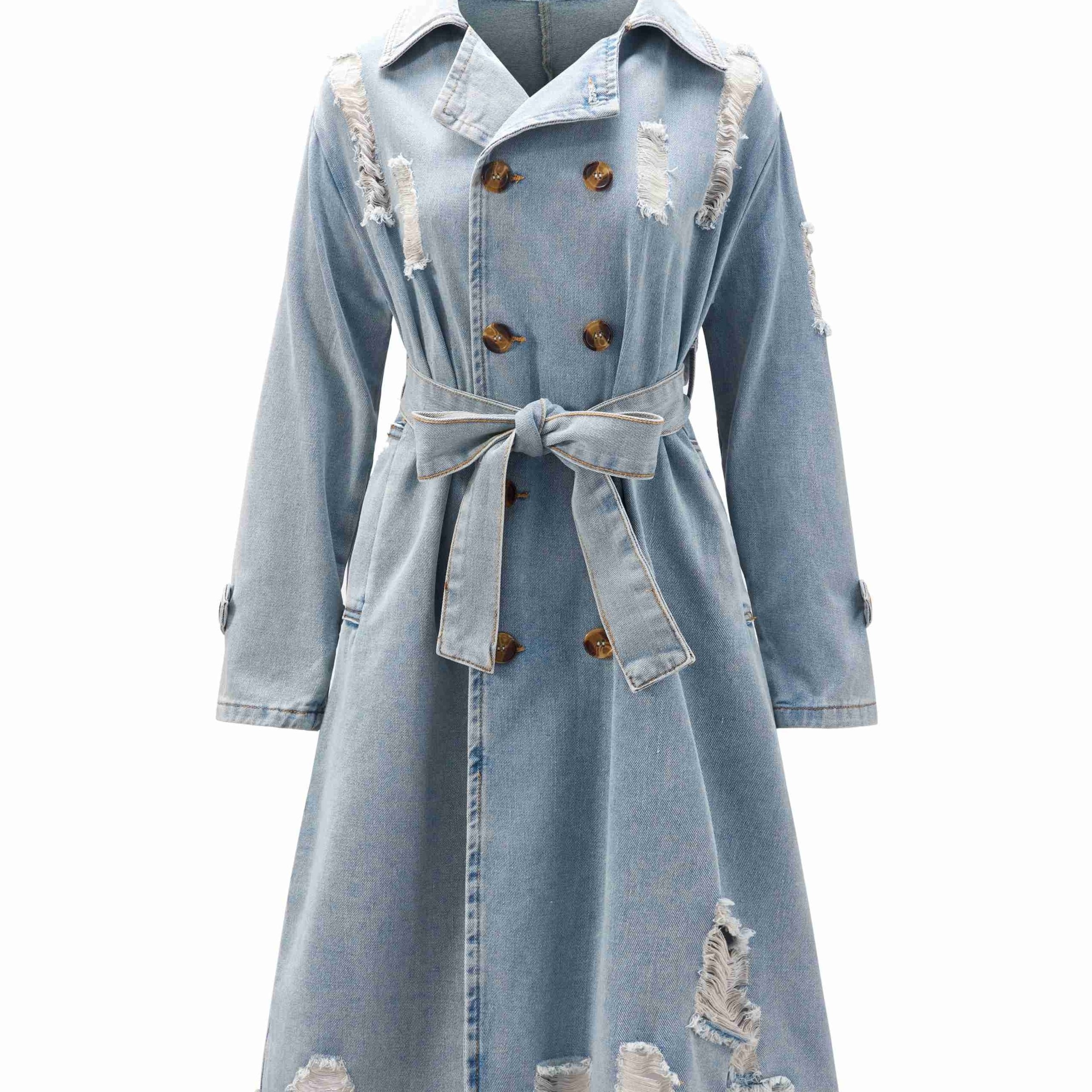 Distressed Fabrics Raw Trim Hem Big Bow Tie Belt Double Breasted Light ...