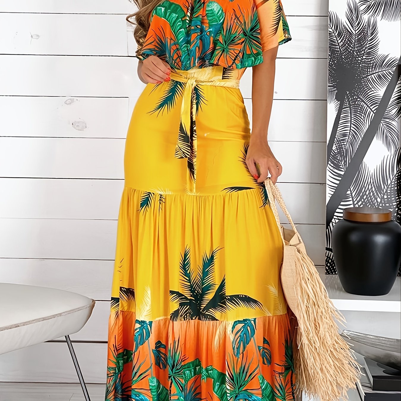Women's Dress Summer Casual Short Sleeve Off Shoulder Tropical Print Ruffles Maxi Vacation Dress ...
