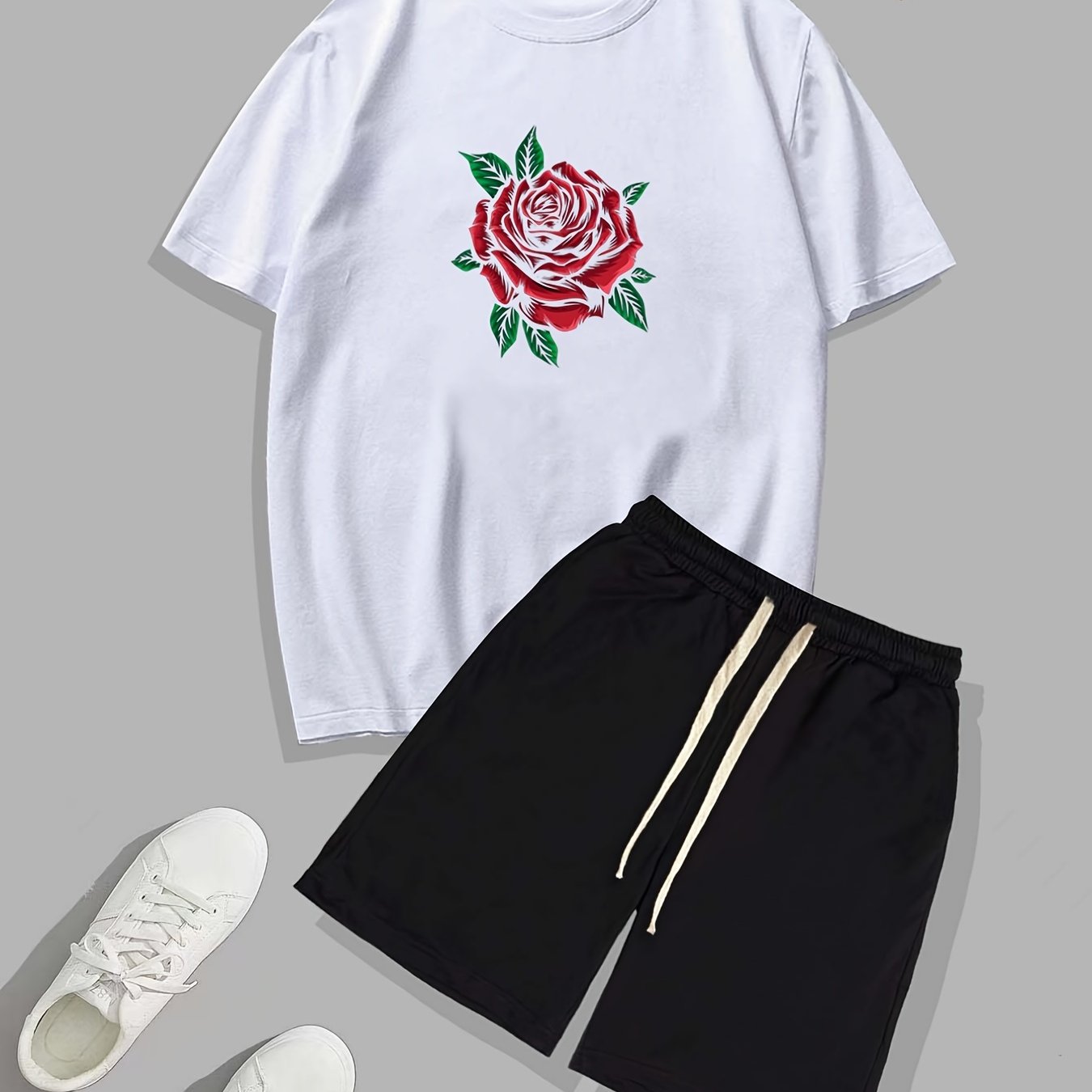 Men's Creative Flower Graphic Print Casual T Shirt Outfit Set Round ...