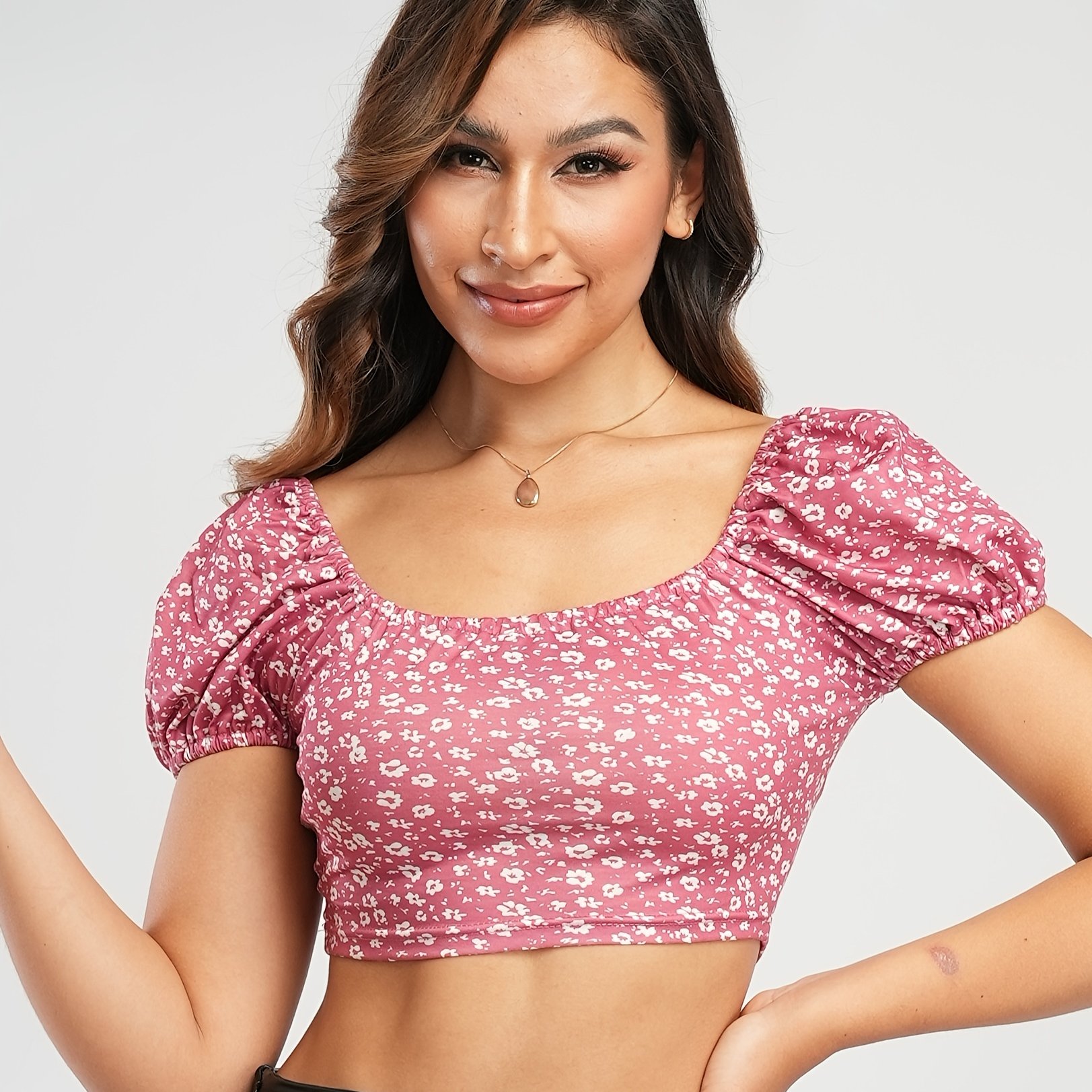 Ditsy Floral Print Crop Raglan Sleeve High Waist Shirt - Temu Australia