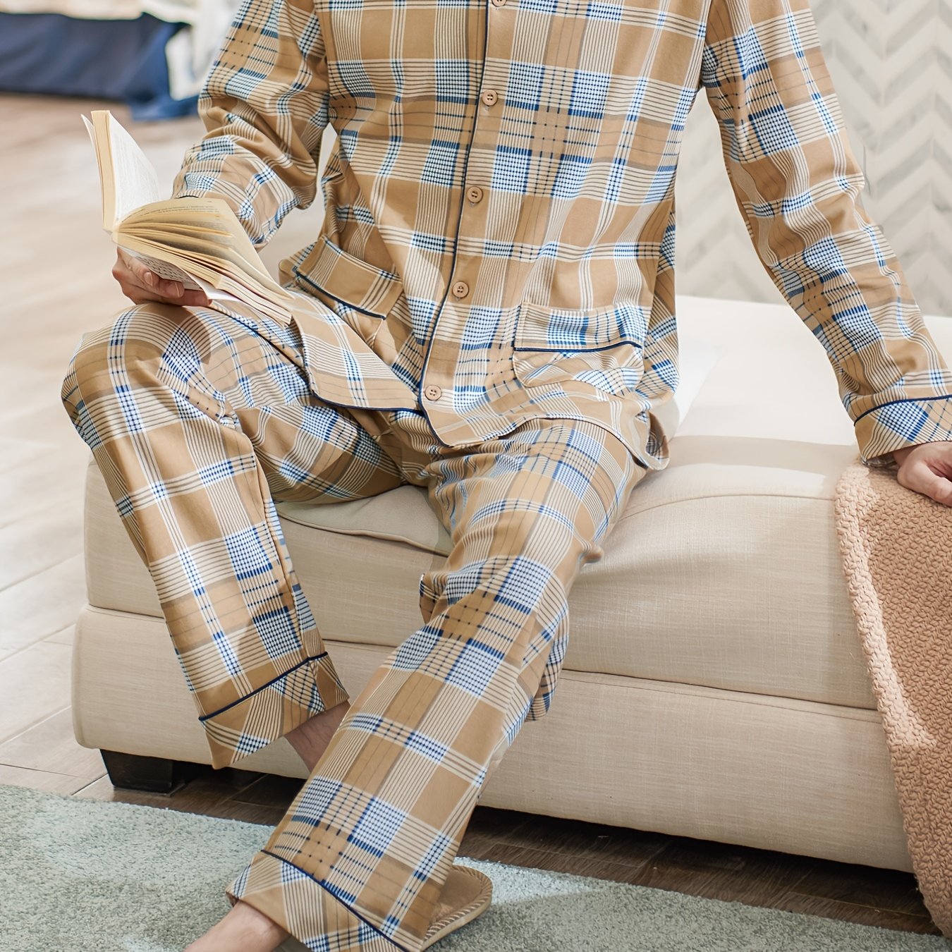 Men's Sleepwear Pajama Set Plaid Pattern Button Up Shirt And Pants Men ...