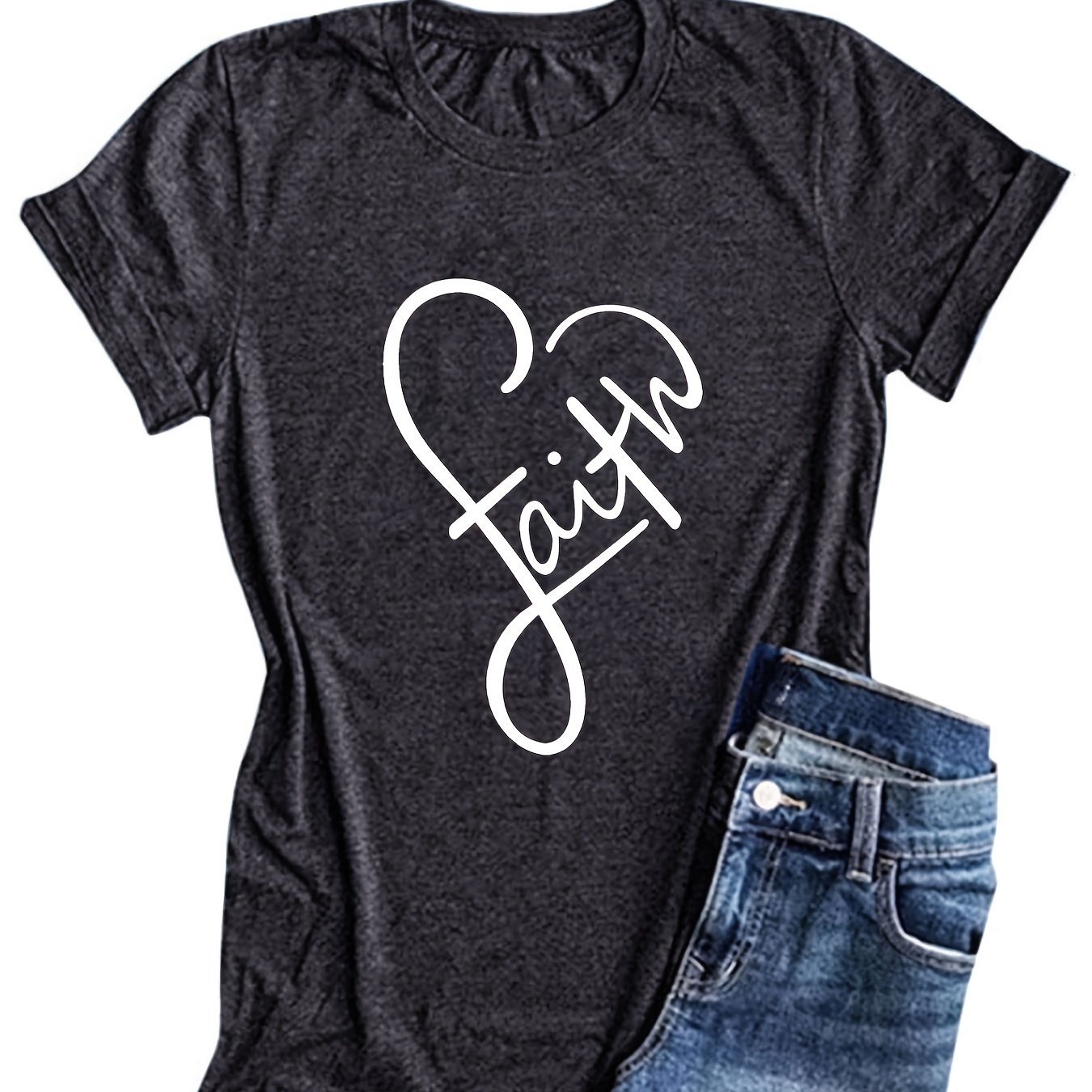 Women's Faith Letter Print T Shirt Casual Crew Neck Short Sleeve T ...