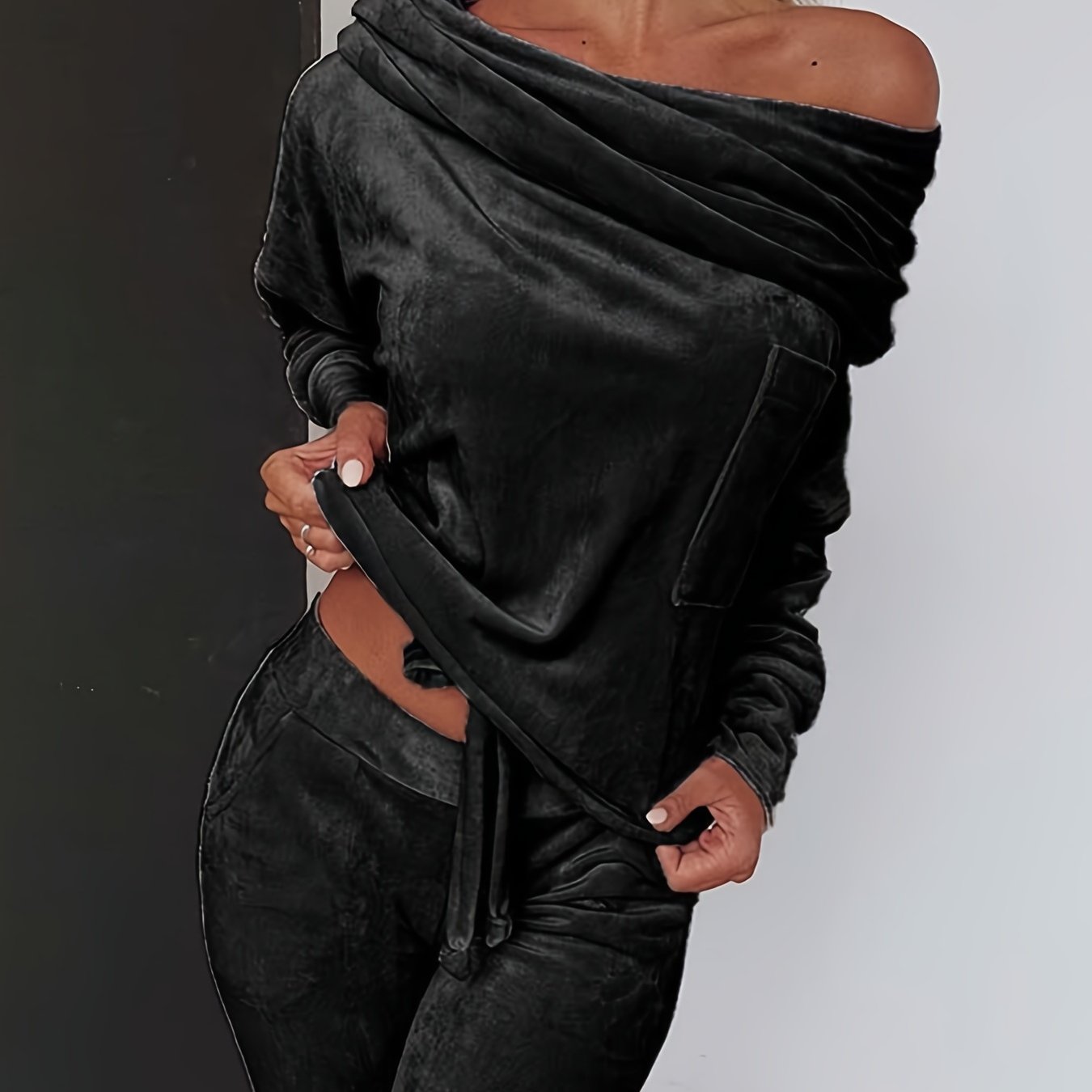 2 Piece Outfits Long Sleeve Solid Pantsuits Off Shoulder Tops And Long ...