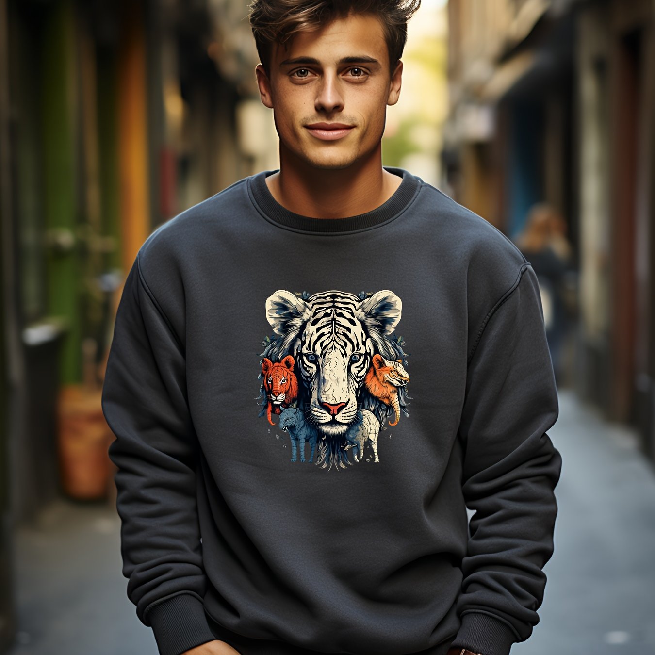 Men's Fashionable Casual Animal Tiger Print Round Neck - Temu Ireland