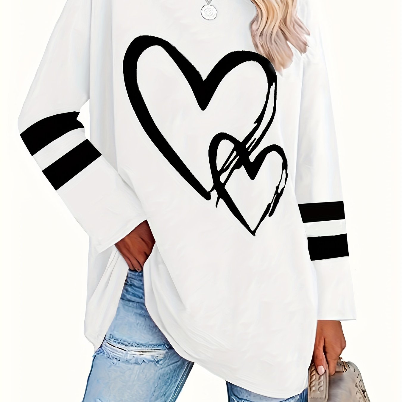 Plus Size Casual Sweatshirt Women's Plus Heart Stripe Print - Temu United Kingdom