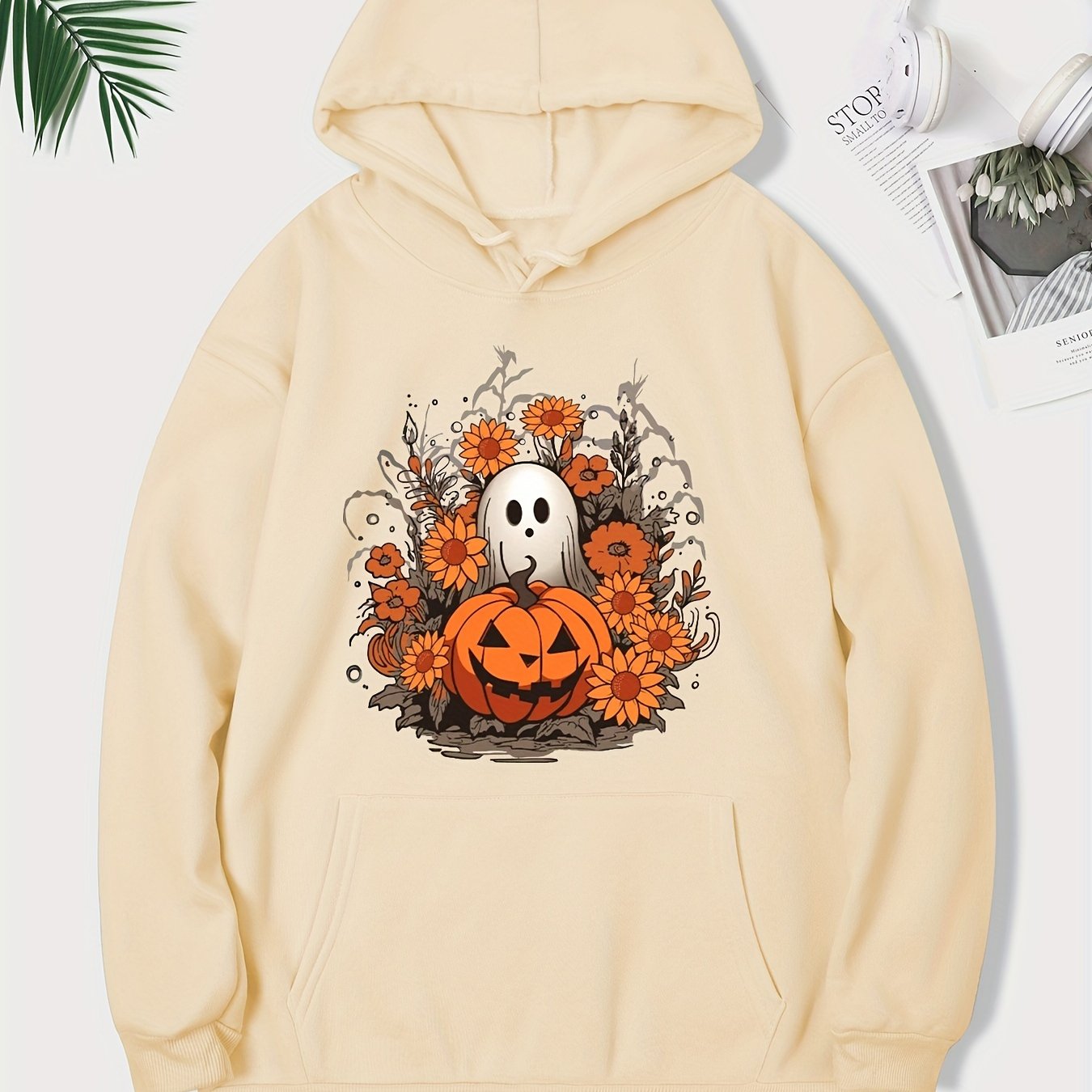 Halloween Pumpkin Ghost Print Hoodie Casual Pocket Long - Temu New Zealand