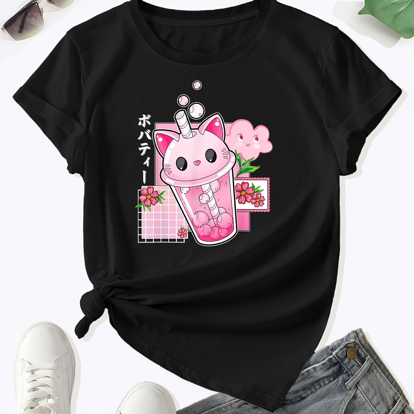 Boba Tea Cat Bubble Print T Shirt Kawaii Crew Neck T shirt z - Temu Poland