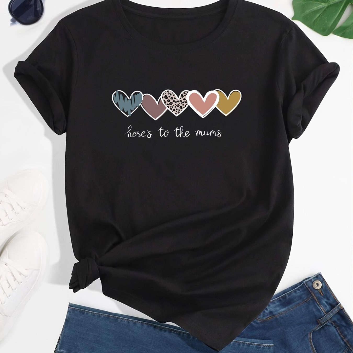 Heart Print Crew Neck T Shirt Short Sleeve T Shirt For Valentine's Day ...