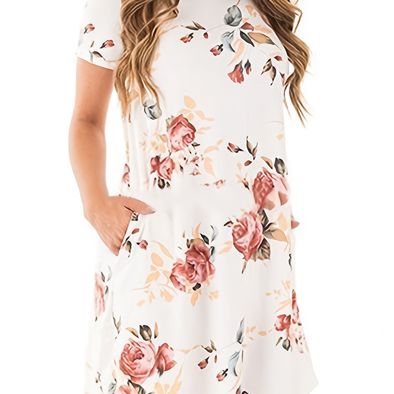 Random Floral Print Pocket Dress Casual Crew Neck Short Sleeve Dress Women's Clothing | Shop Now ...