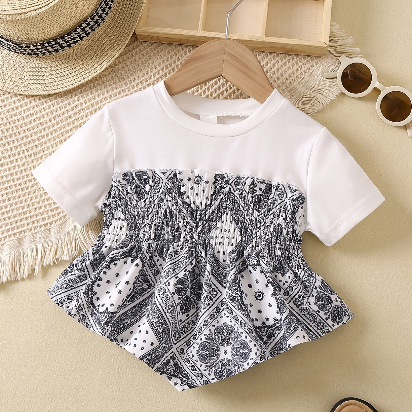 Girls Round Neck Short Sleeve Asymmetrical Hem Abstract Pattern ...