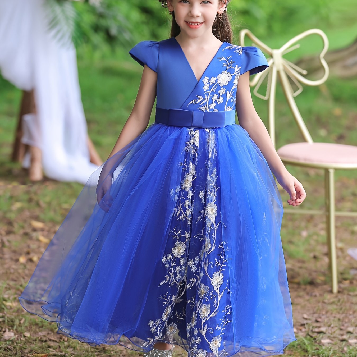 Girls Elegant Long Floral Flower Embroidered Dress Gown, V-neck ...