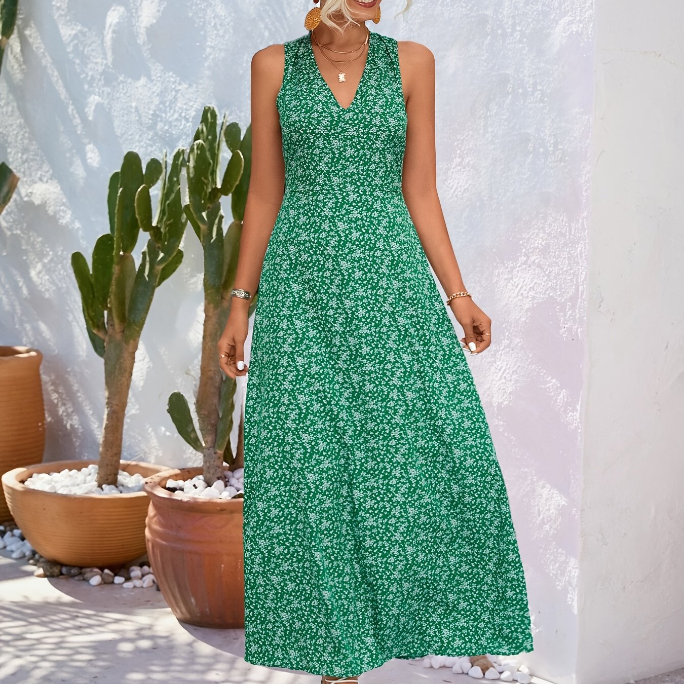 Polka Dots Floral Print Backless Dacron And Spandex Dress, Women's ...