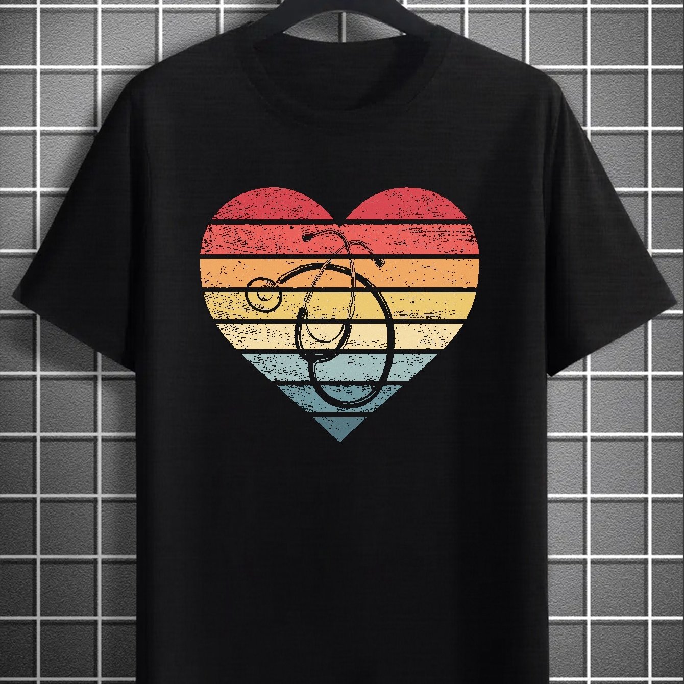 Heart Stethoscope Pattern Tee Men's Casual Crew Neck T Shirt For Summer ...
