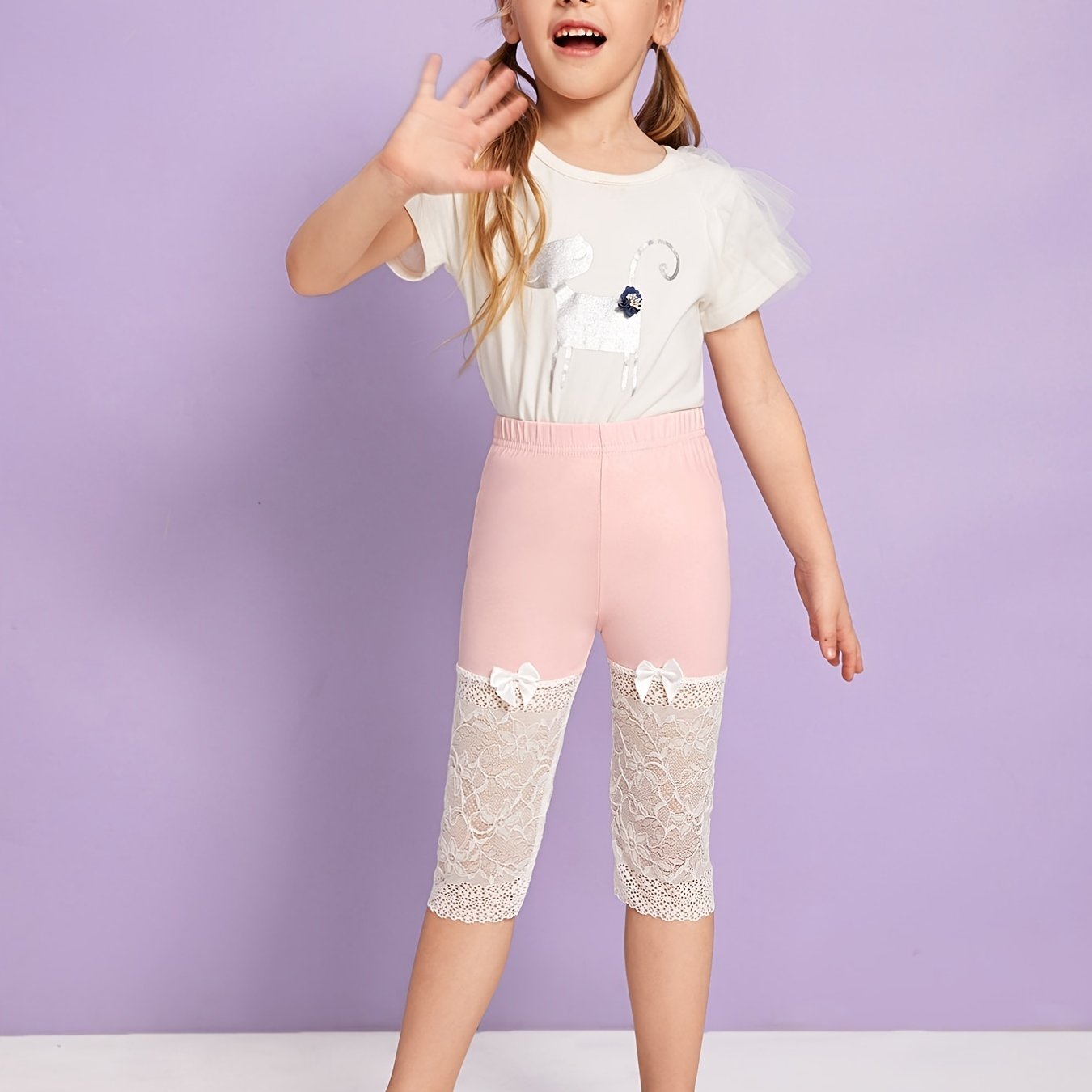 Girls Stretch Soft Leggings Lace Splicing Bow Elastic Waist Cropped ...
