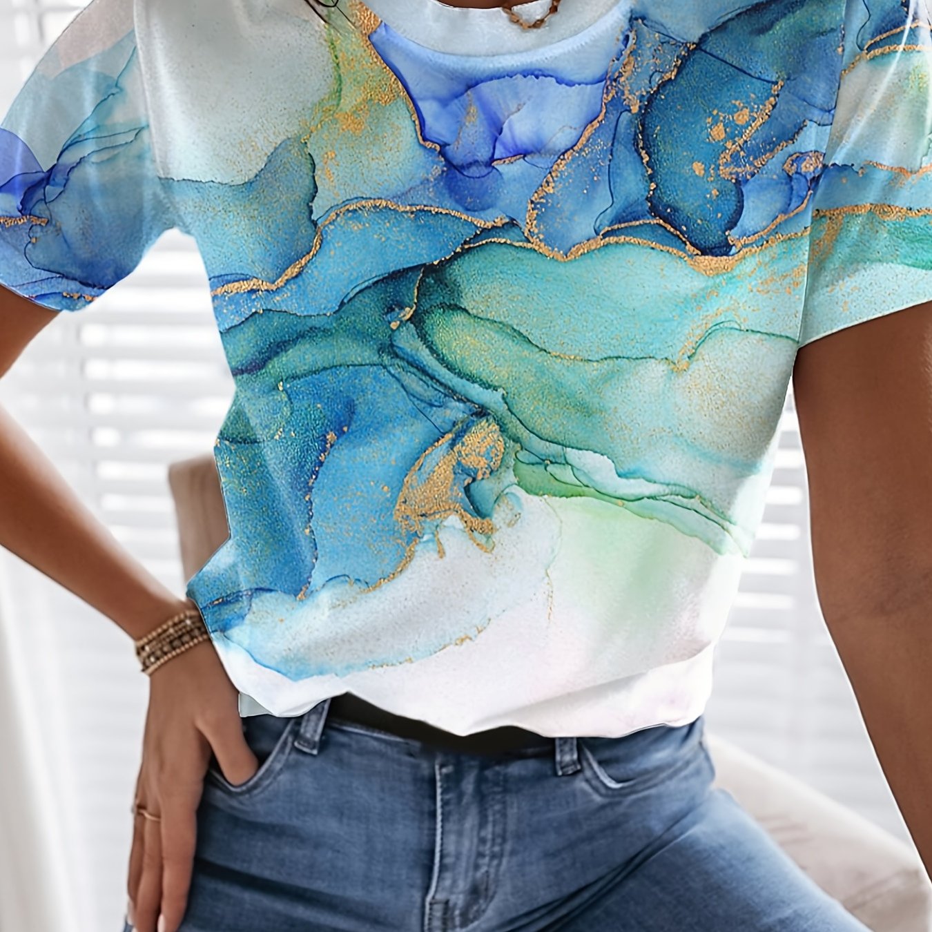 Marble Print T Shirt Crew Neck Short Sleeve T Shirt Casual Every Day ...