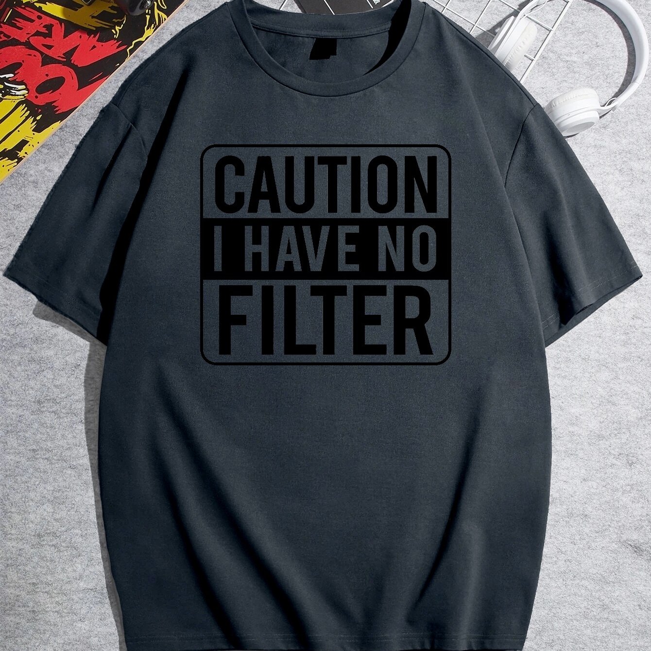 Men's Caution I Have No Filter Print Tees Short Sleeve Crew Neck Casual ...