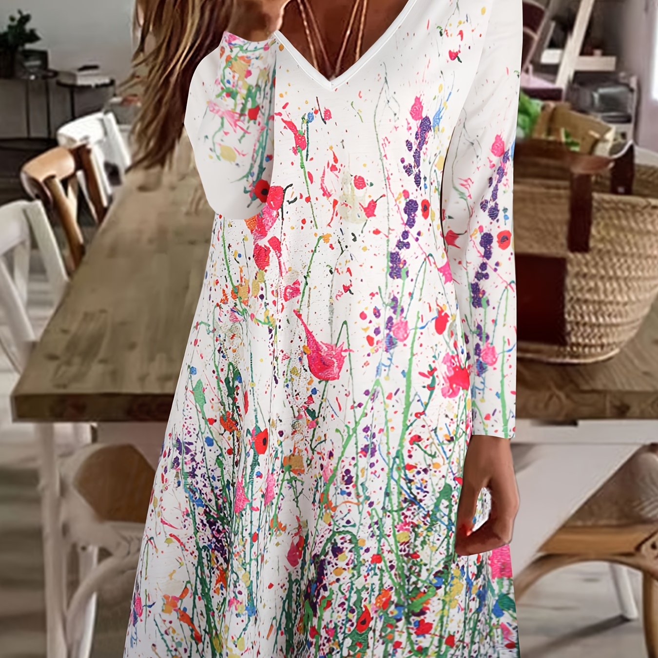 Midi Print Cotton Blends Loose Dress, Women's Elegant Casual Fashion Long Sleeve Women's ...