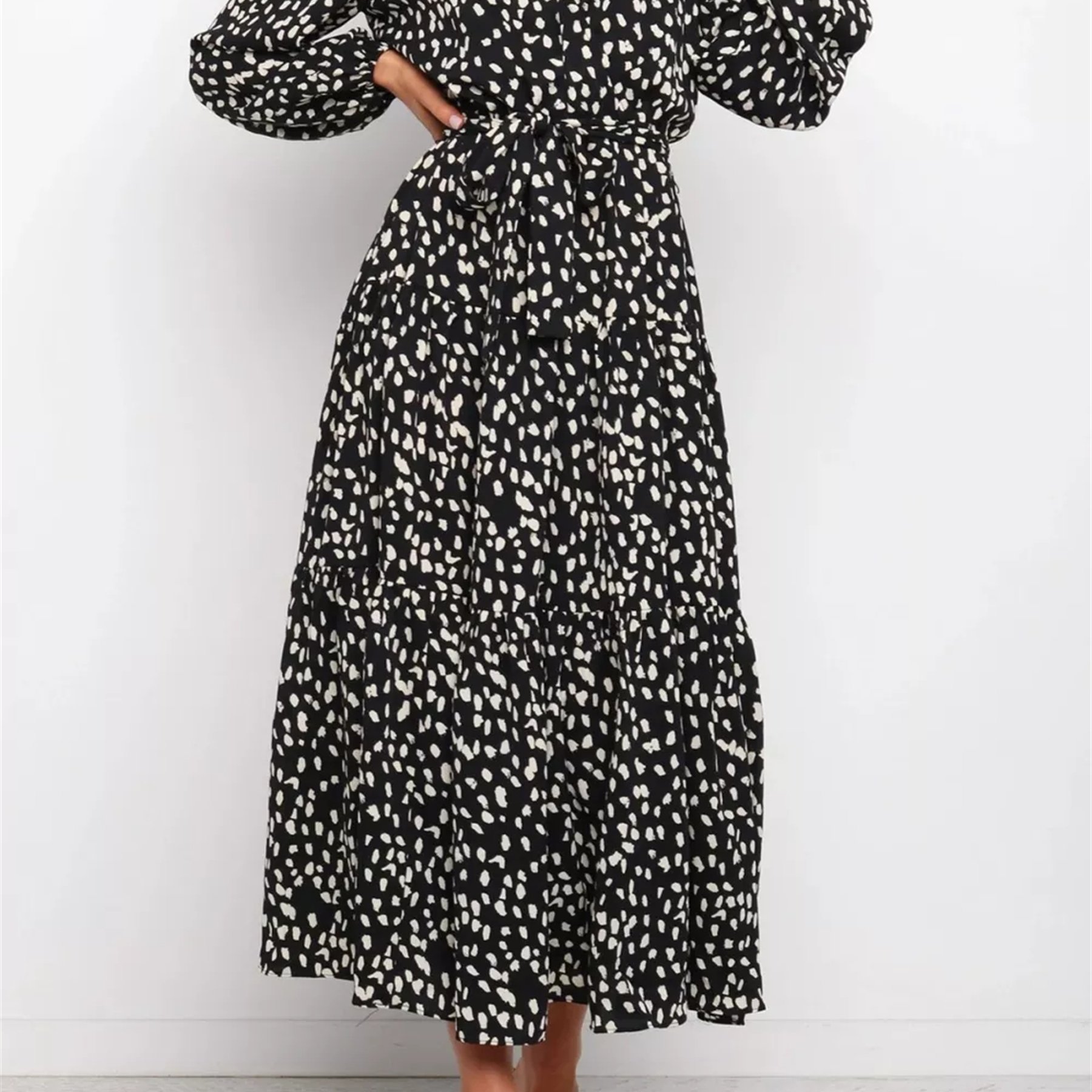 Leopard Print Belt Dress Casual V Neck Long Sleeve Ruffle Hem Dress ...