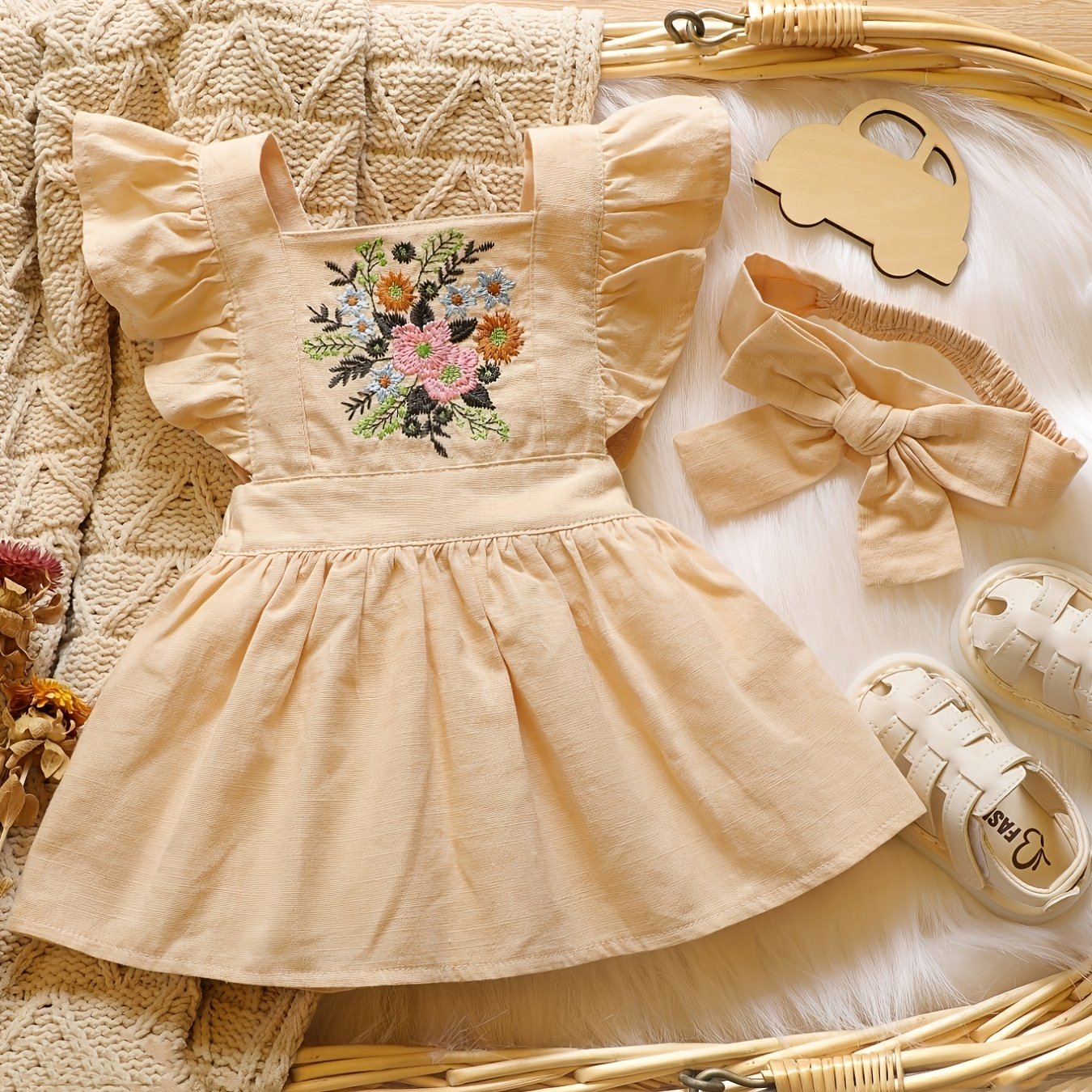 2pcs Baby Girls Floral Embroidery Fly Sleeve Suspender Dress Headband ...