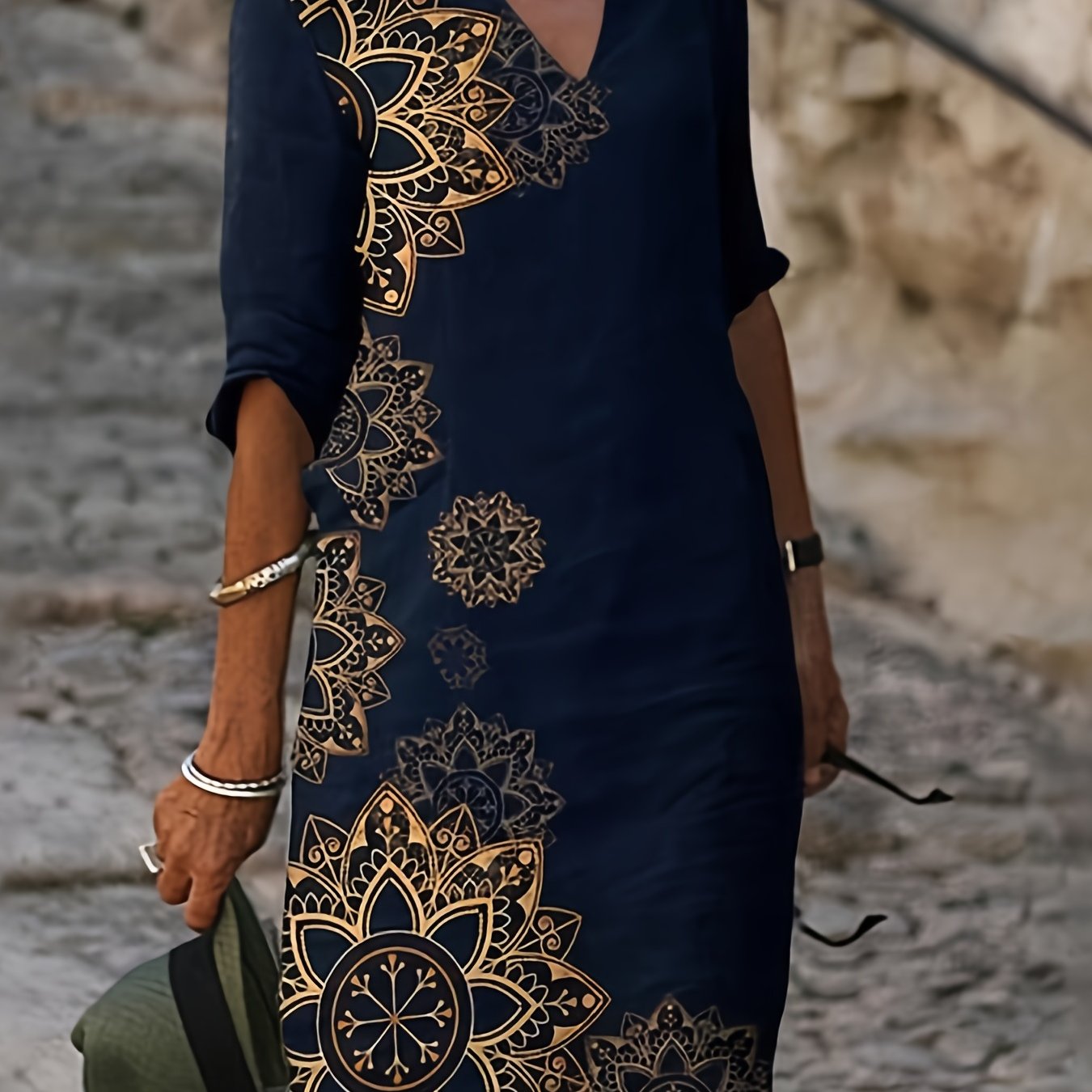 Floral Print V Neck Dress Casual Half Sleeve Summer Midi Dress Womens Clothing Shop Now For