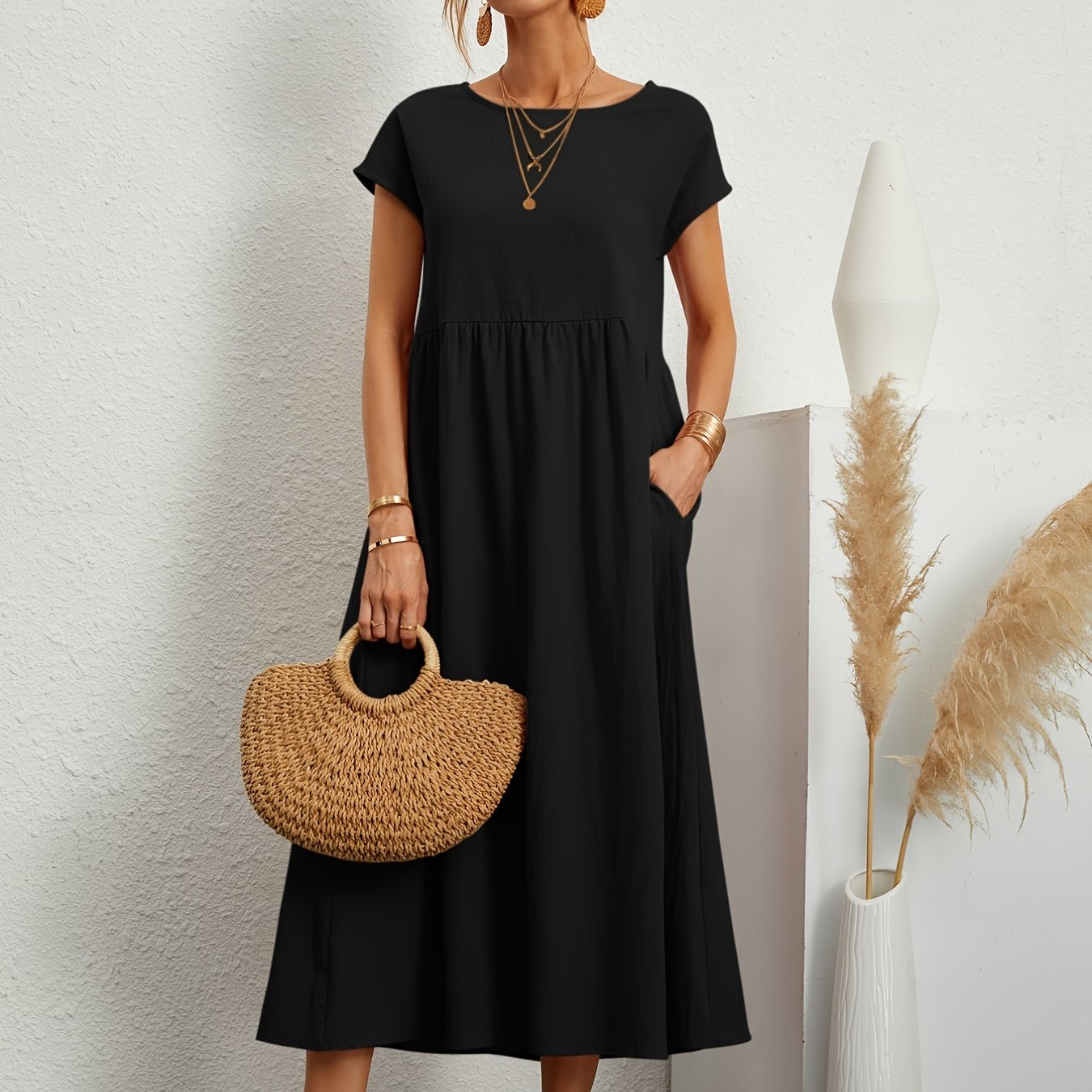 Loose Pocket Solid Dress Casual Short Sleeve Crew Neck Waist Summer