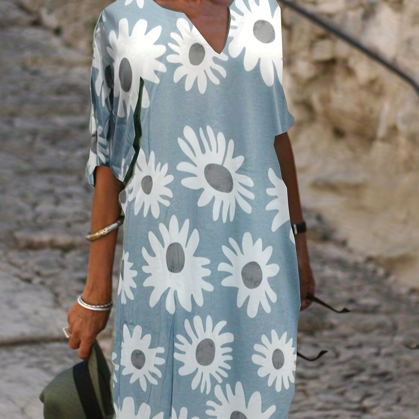 Floral Print Half Sleeve Dress Vintage V Neck Comfy Midi Dress Women s