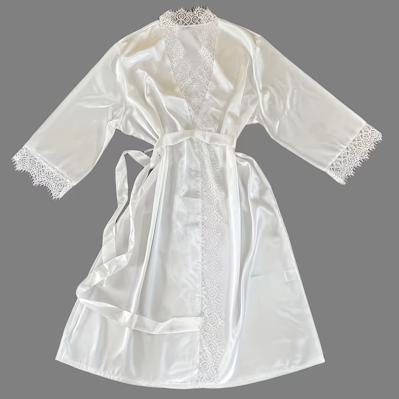 Plus Size Solid Lace Trim Long Nightgown With Belt Women's Plus V Neck ...