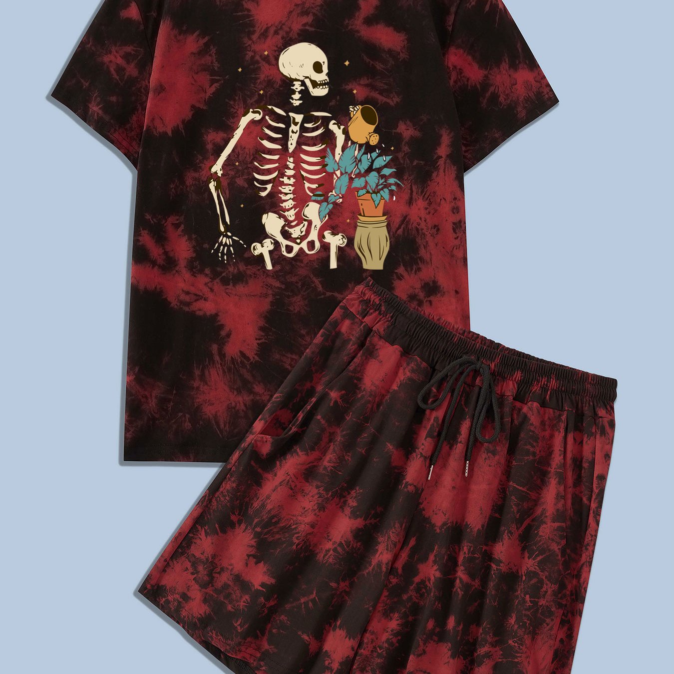 Men's Tie Dye Two Piece Outfits Skeleton Print T Shirt And Loose ...