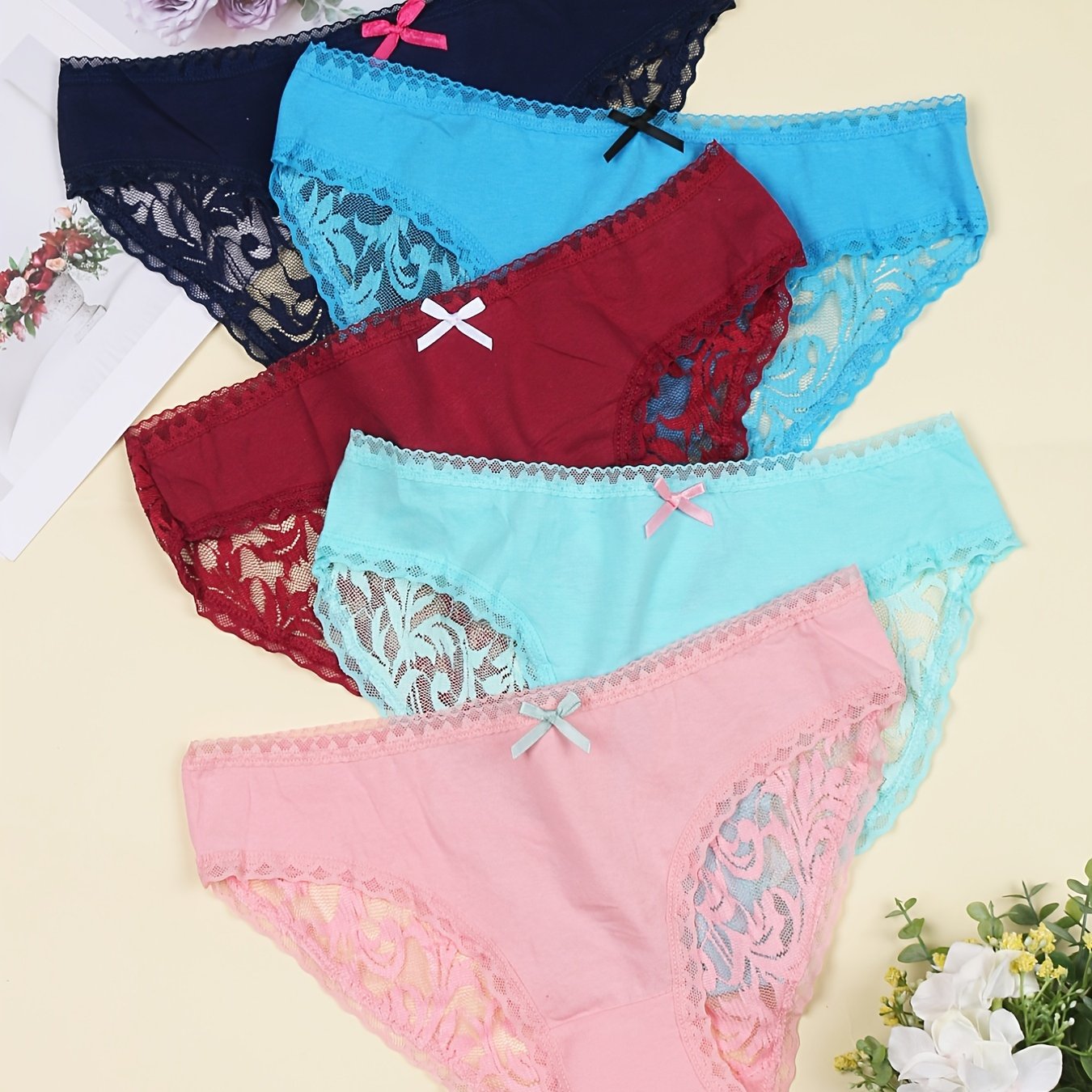5pcs Sheer Lace Briefs Breathable Back Hollow Elastic Intimates Panties 5pcs Sheer Lace Briefs Breathable Back Hollow Elastic Intimates Panties