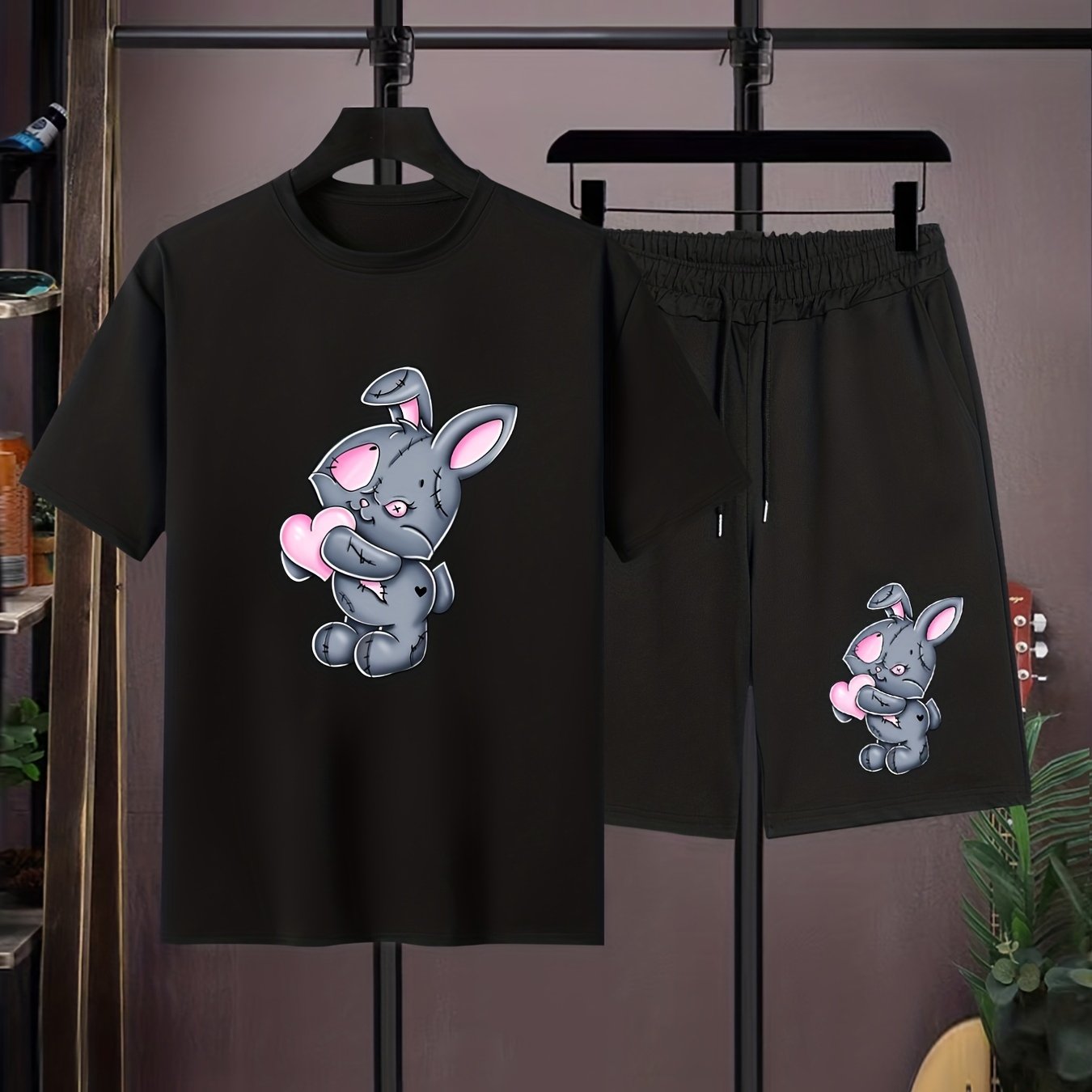 2pcs Men's Cartoon Rabbit With Heart Round Neck Short Sleeve T Shirt ...