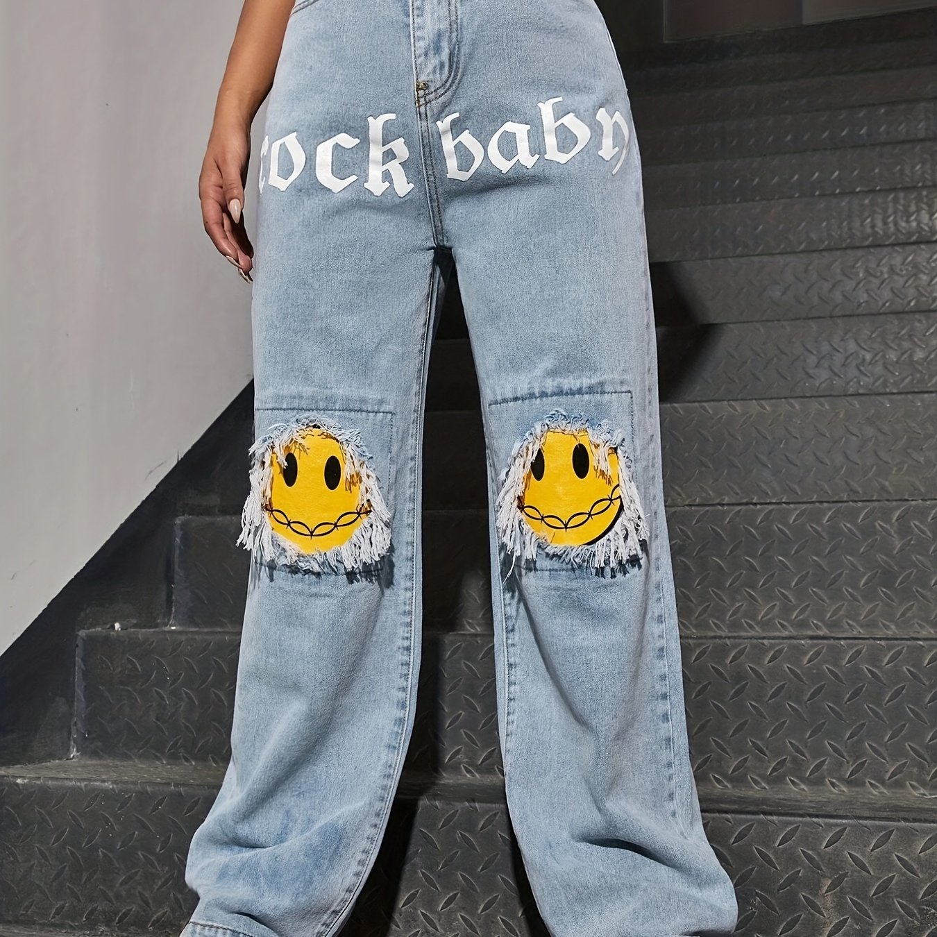 Plus Size Funny Jeans Women's Plus Letter Smiling Face Print Fringe ...