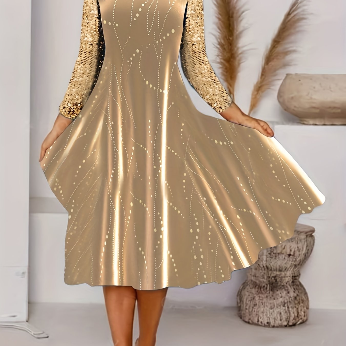 Random Print Flared Dress, Women's Long Sleeve Crew Neck Dress For Fall Spring Women's Clothing ...