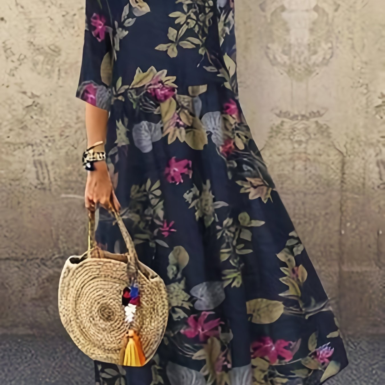 Plus Size Casual Dress Women's Plus Floral Print Half Sleeve Round Neck ...