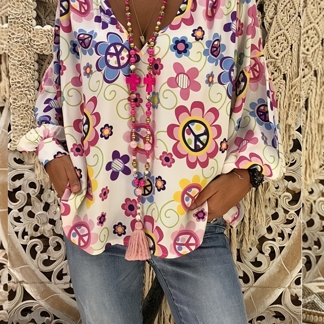 Floral Print V Neck Top Casual Long Sleeve Top For Spring Fall Women's ...