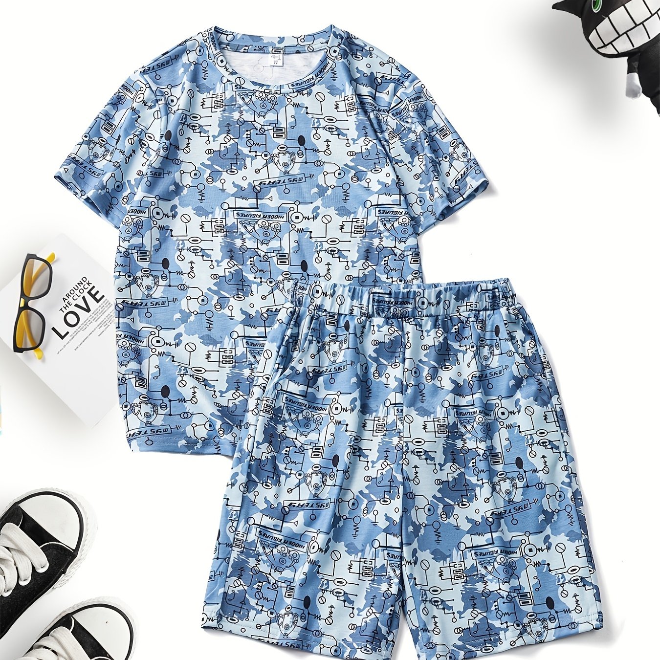 Boys Allover Print Casual Outfit Round Neck T Shirt Shorts Kids Summer ...