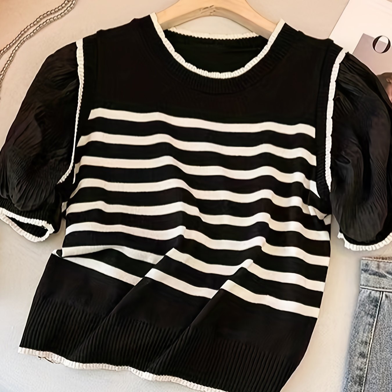 Striped Print Splicing Knit Sweater Elegant Crew Neck Short Sleeve ...
