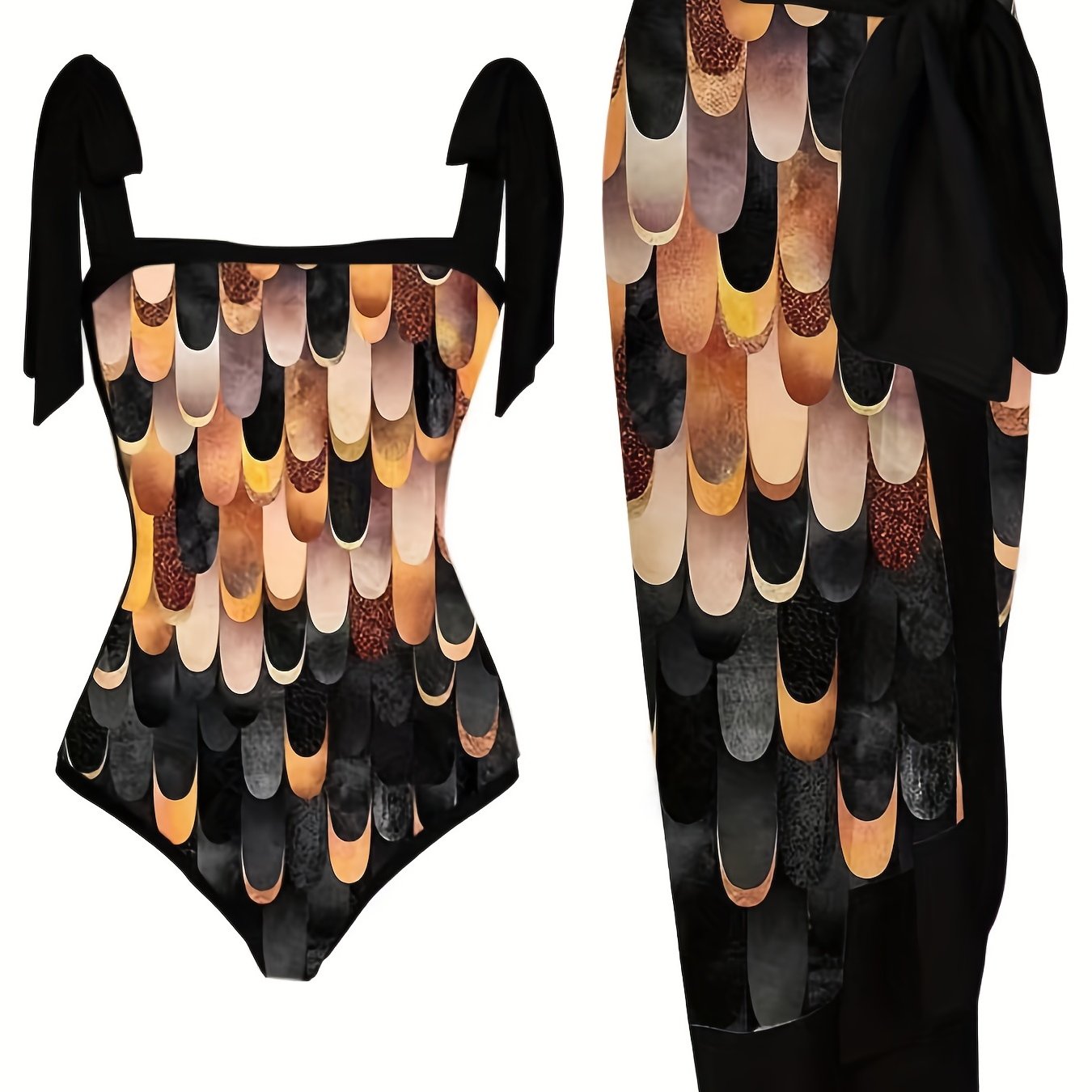 Plus Size Elegant Tankini Set Women's Plus Geometric Print Tie Shoulder ...