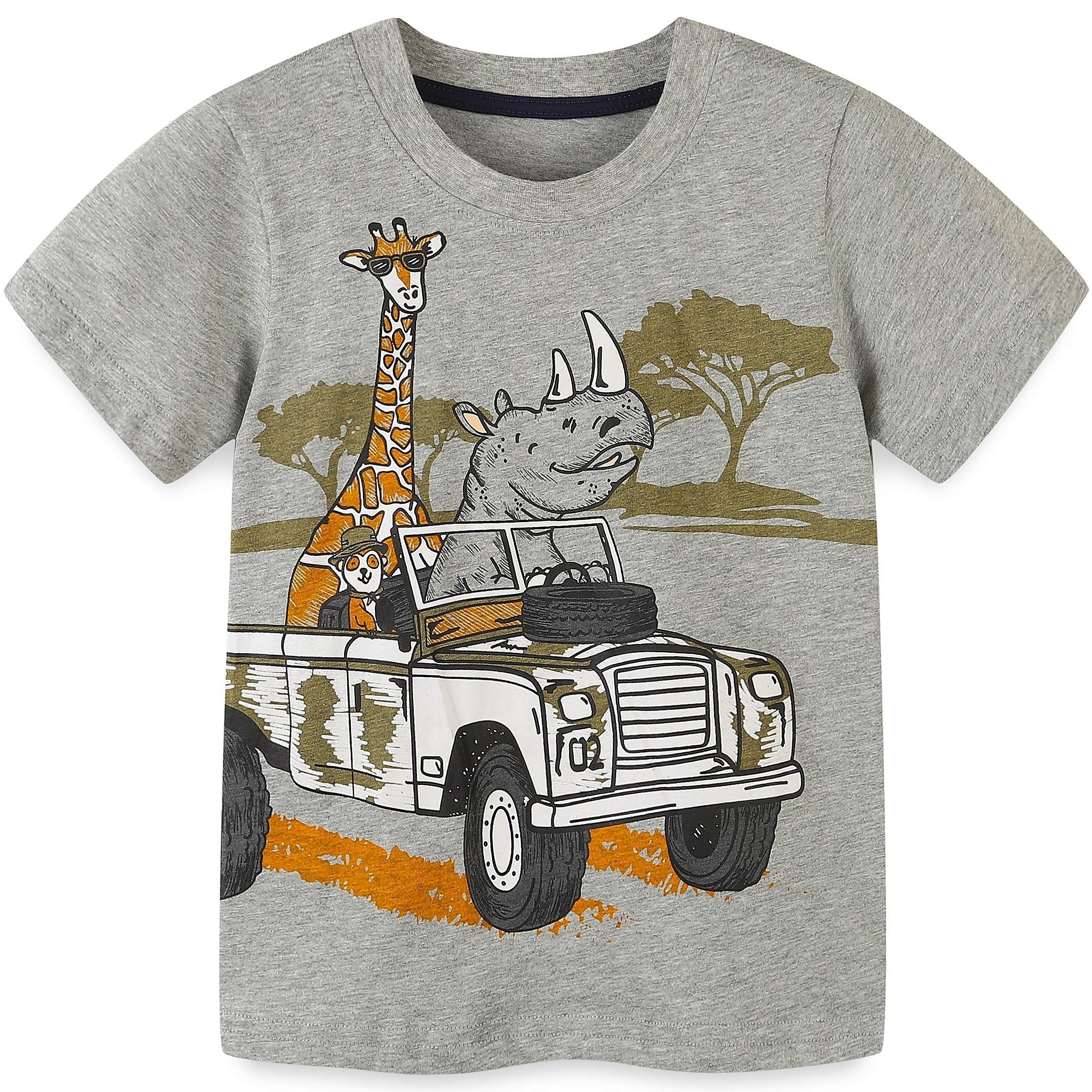 Boys Cartoon Giraffe Monkey Rhino Driving Cars T Shirt Tee Top Short Sleeves Crew Neck Summer ...