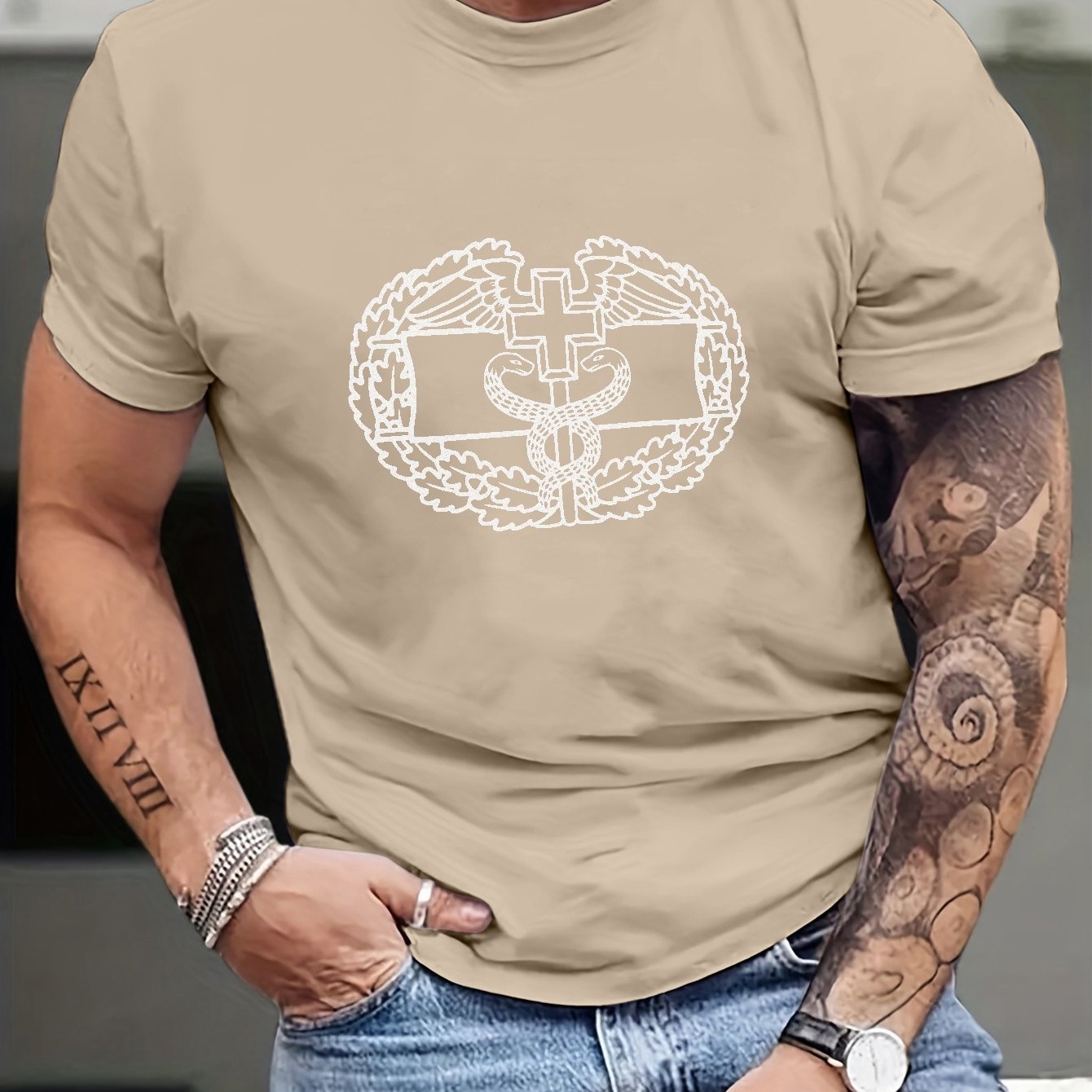 Plus Size Men's Casual Graphic Tees For Summer Compass Print Crew Neck ...